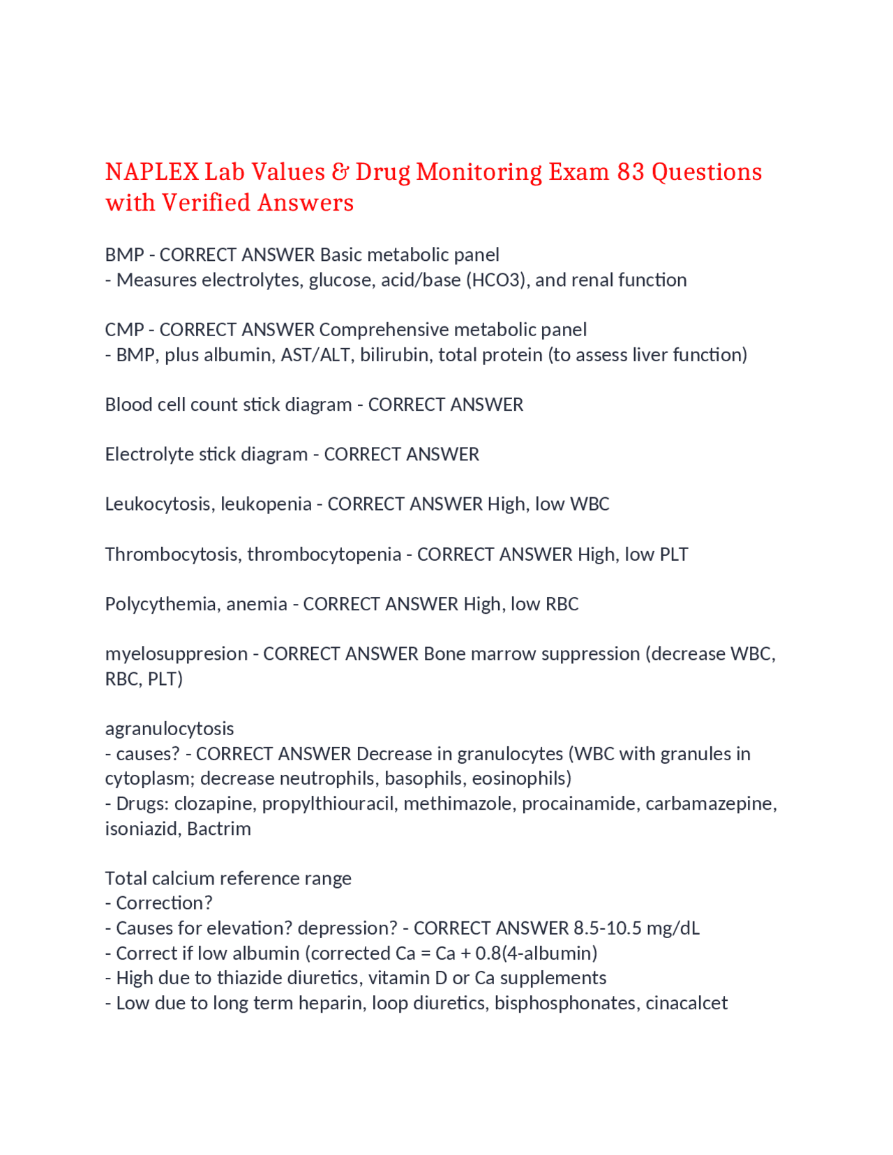 NAPLEX Lab Values & Drug Monitoring Exam: 83 Questions with Verified ...