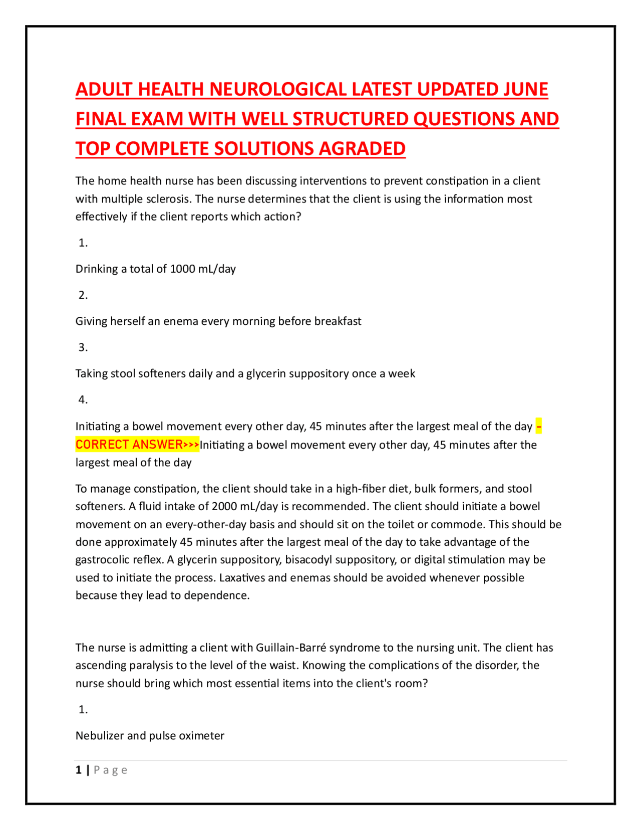 ADULT HEALTH NEUROLOGICAL LATEST UPDATED JUNE FINAL EXAM WITH WELL ...