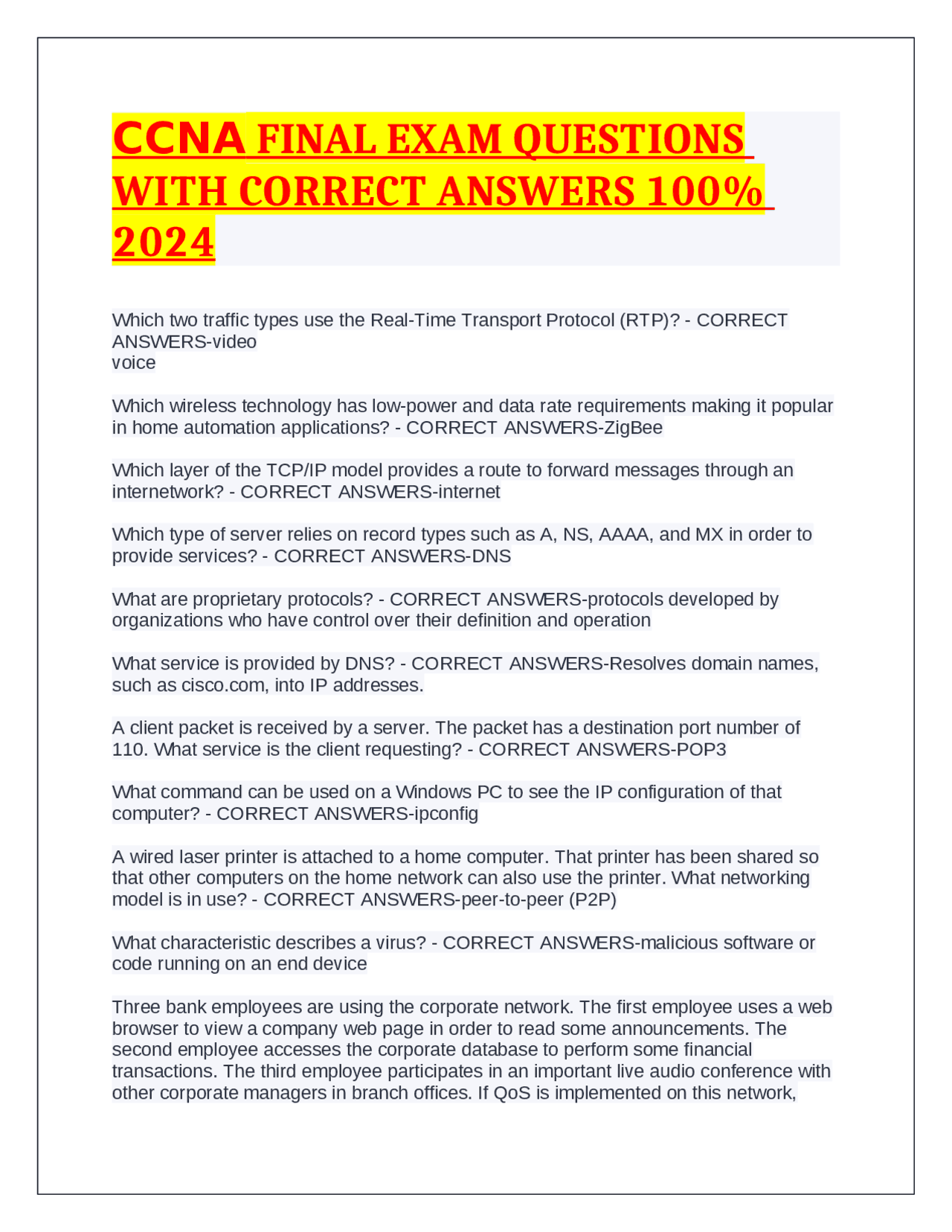 CCNA Final Exam Questions and Answers 2024 | Exams Advanced Education ...