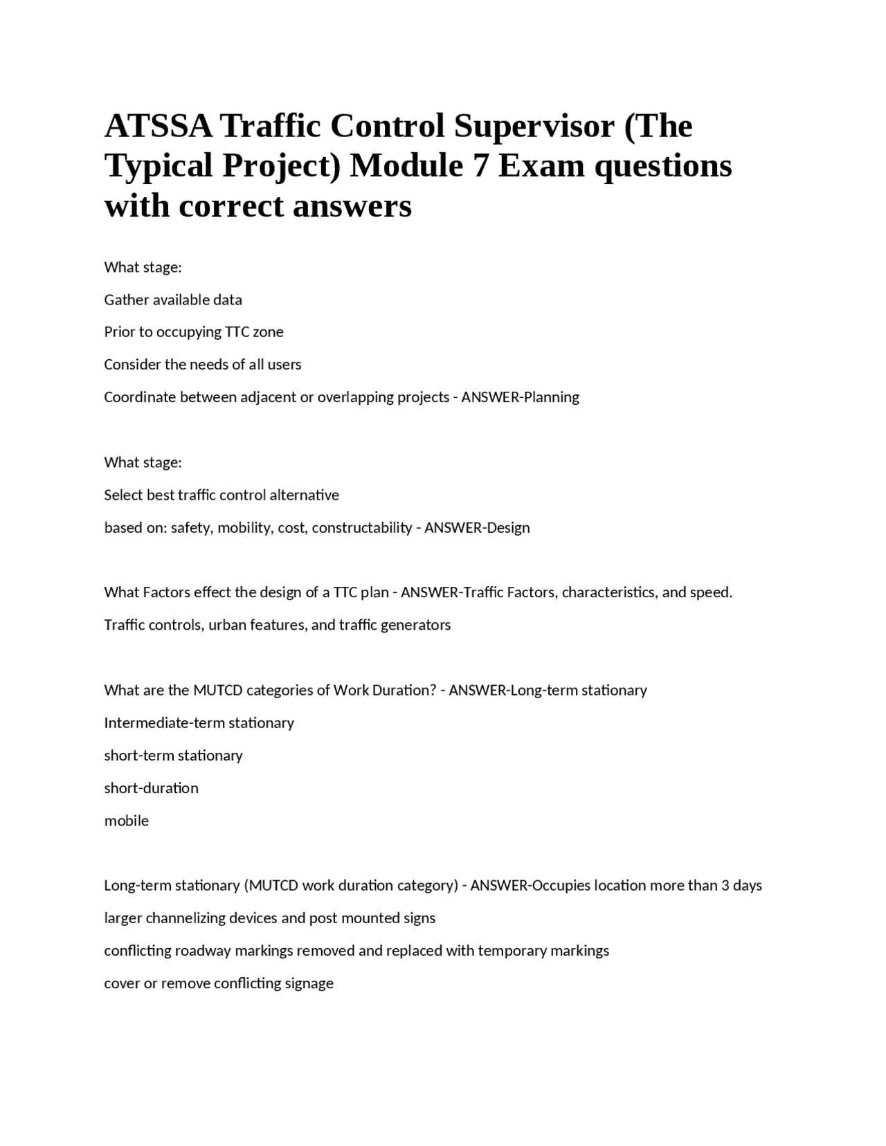 ATSSA Traffic Control Supervisor Module 7 Exam Questions and Answers | Exams Business ...
