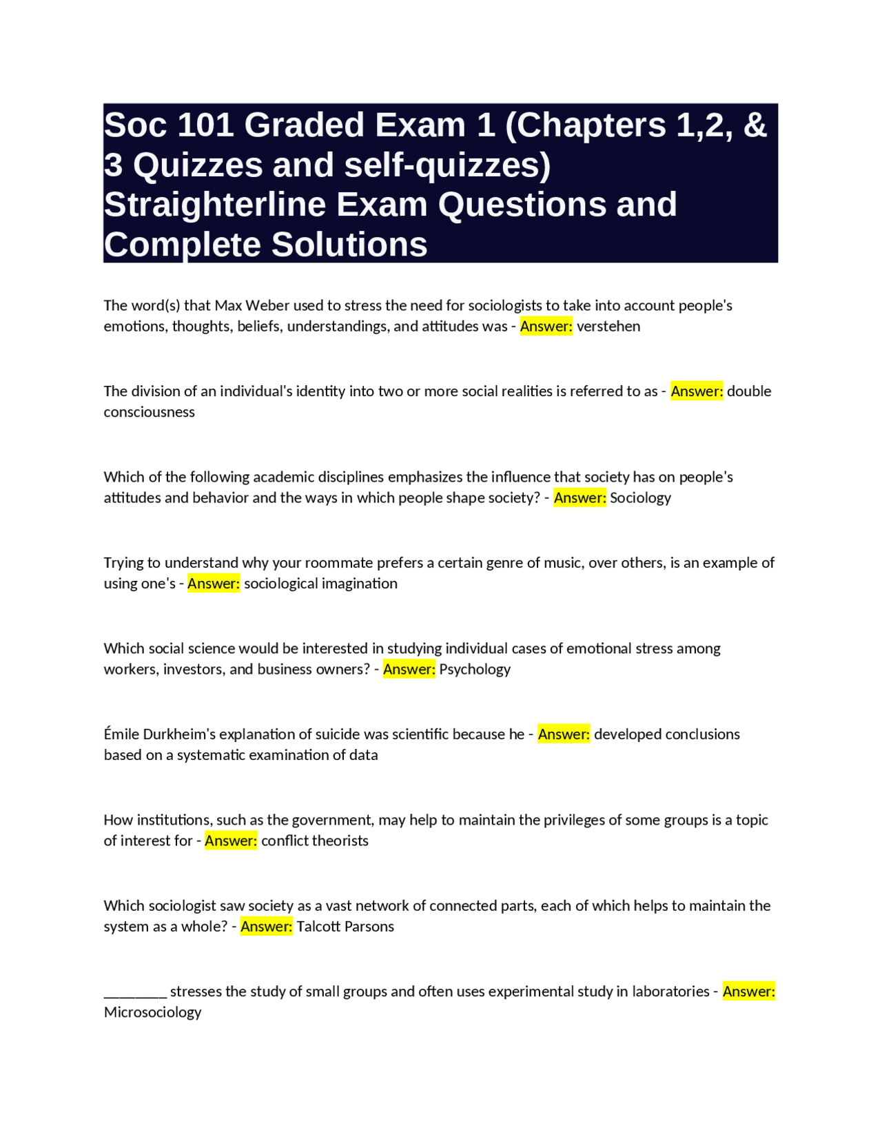Soc 101 Exam 1: Chapters 1-3 Quizzes & Solutions | Exams Sociology ...