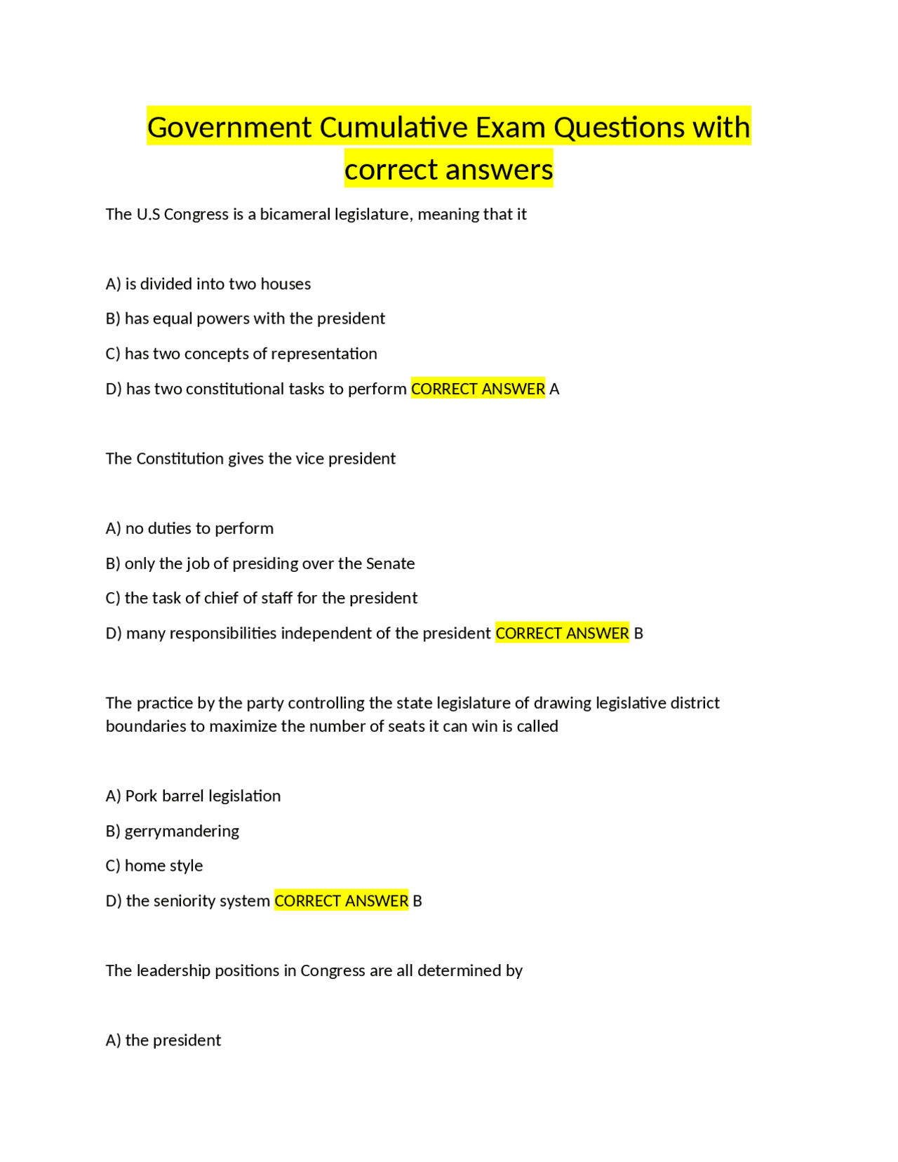 U.S. Government Cumulative Exam Questions with Correct Answers | Exams ...