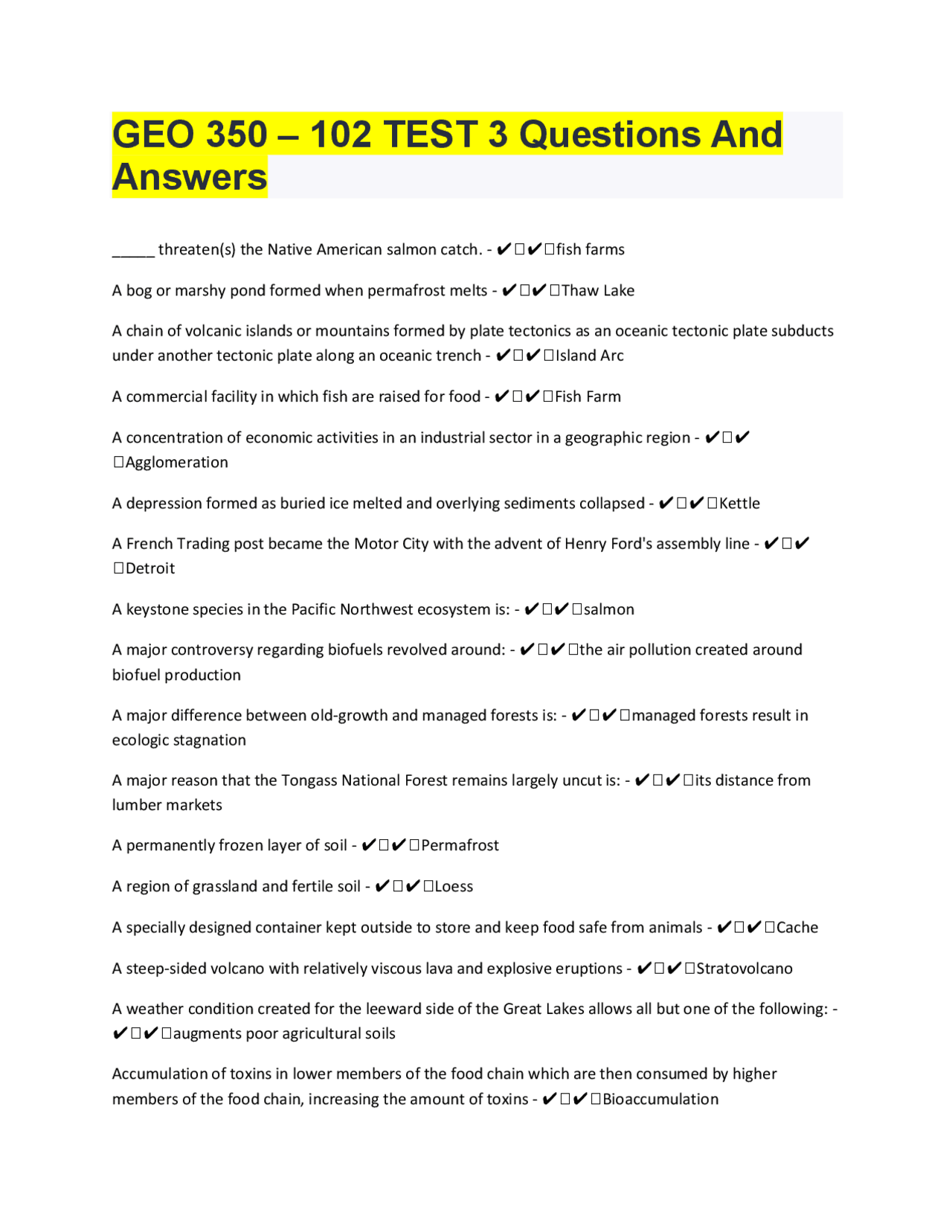 GEO 350 - 102 Test 3 Questions and Answers: Exploring North American ...