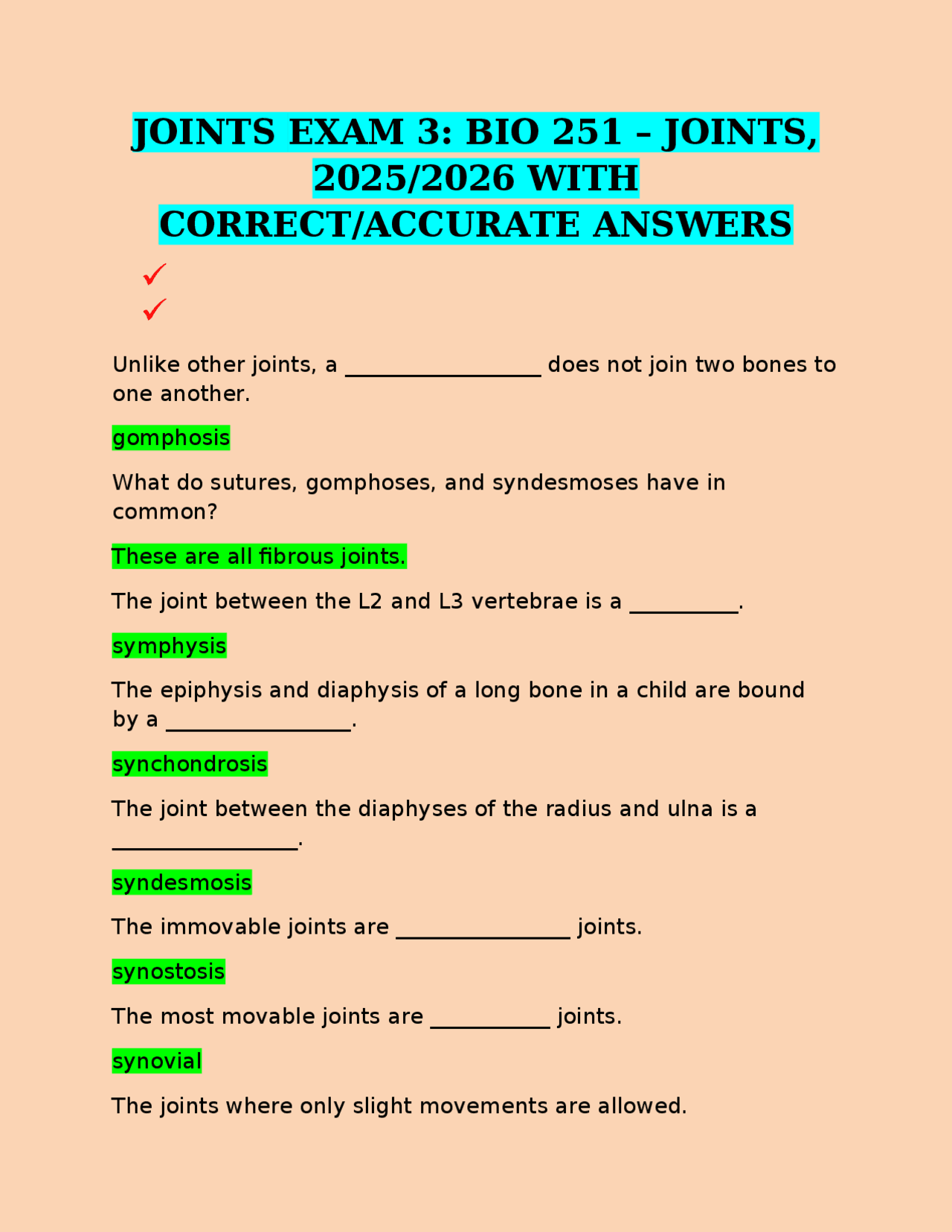Joints Exam 3: BIO 251 - Joints, 2025/2026 with Correct/Accurate ...