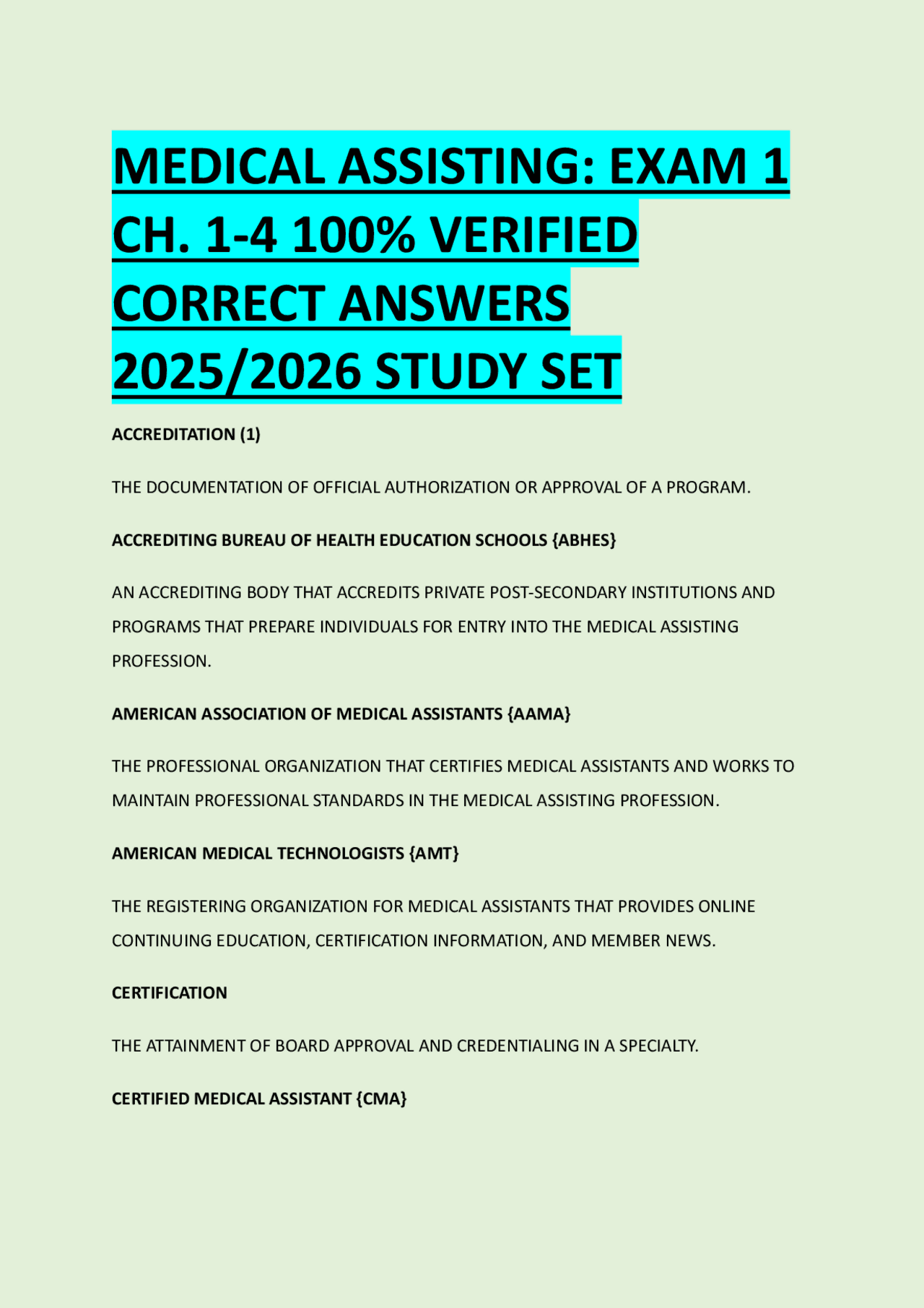 MEDICAL ASSISTING: EXAM 1 CH. 1-4 100% VERIFIED CORRECT ANSWERS 2025/ ...