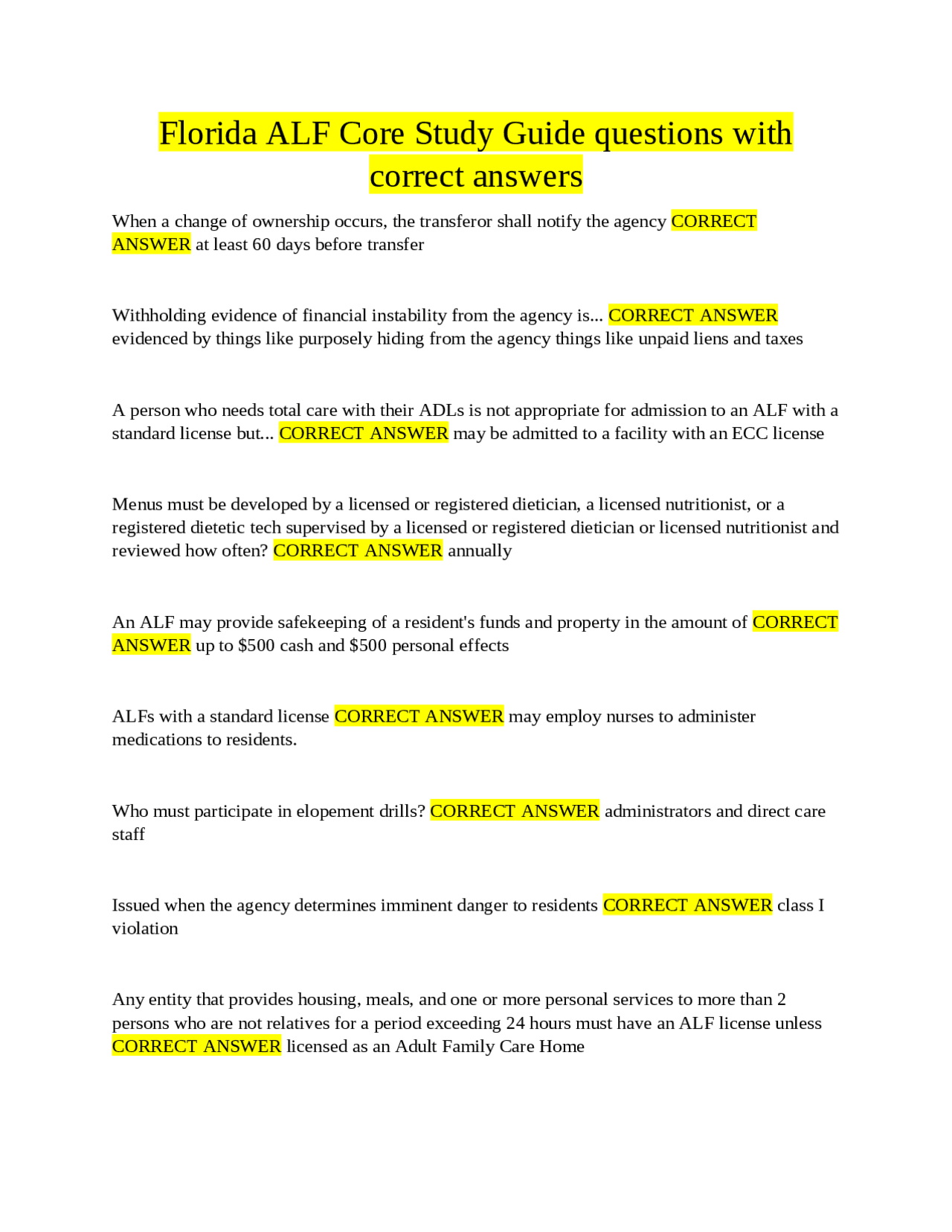 Florida ALF Core Study Guide Questions and Answers | Exams Law | Docsity