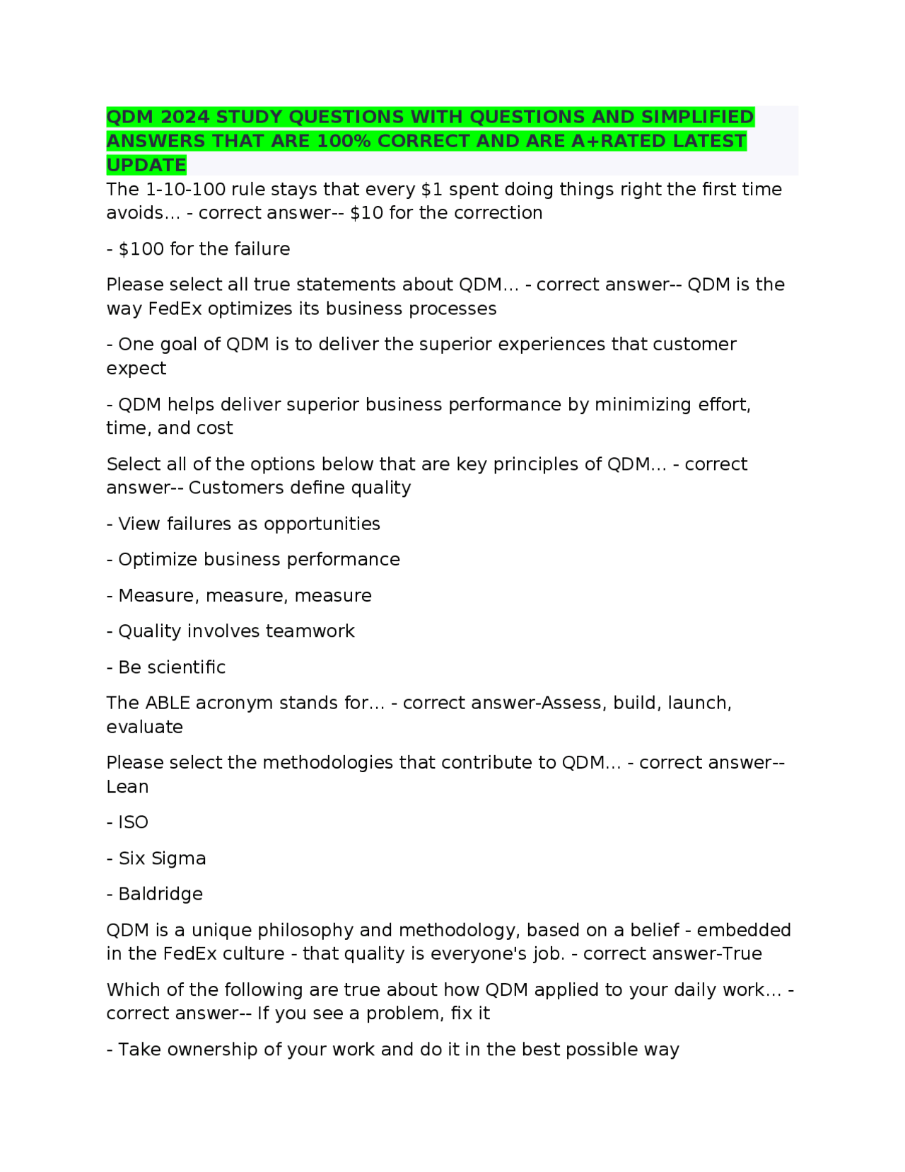 QDM 2024 STUDY QUESTIONS WITH QUESTIONS AND SIMPLIFIED ANSWERS THAT ARE ...