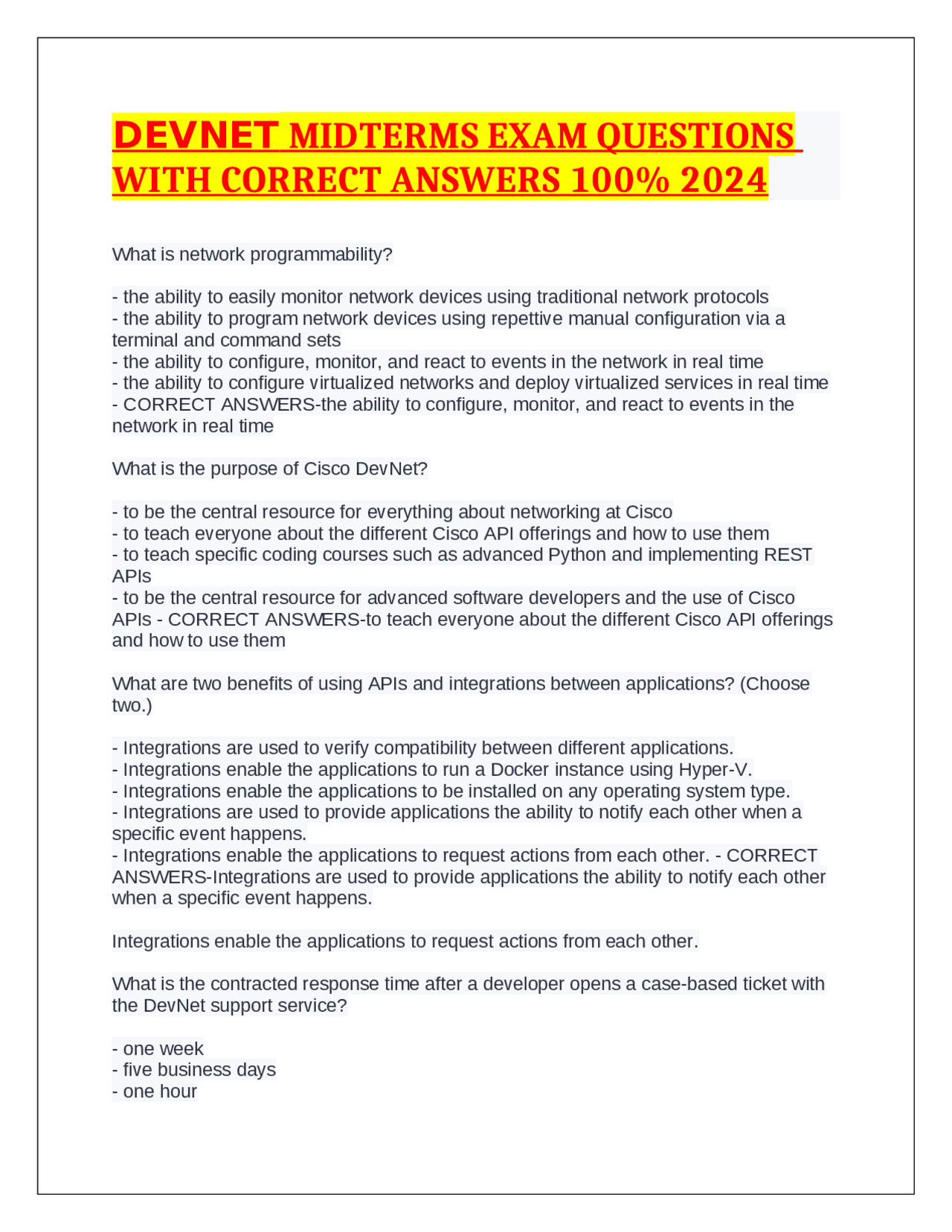 Cisco DevNet Midterms Exam Questions with Correct Answers | Exams ...
