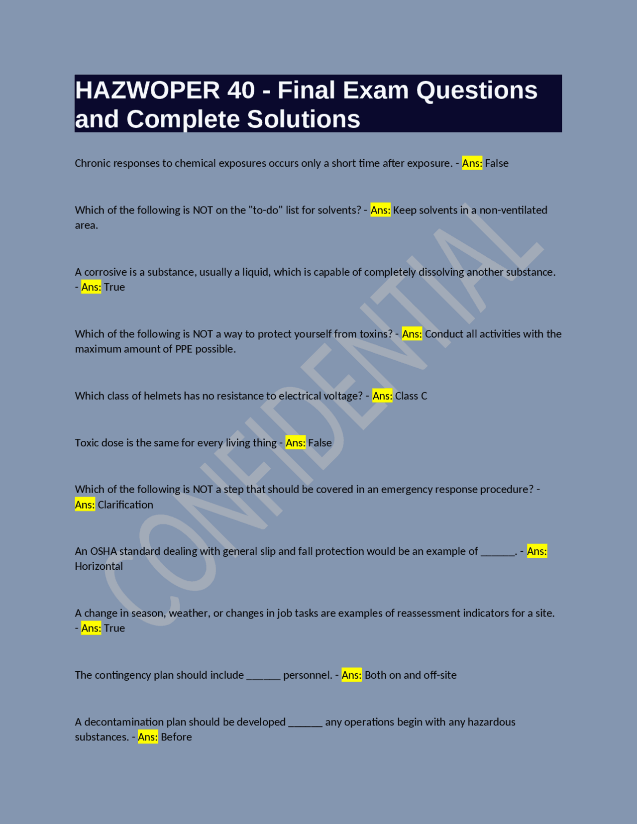 HAZWOPER 40 - Final Exam Questions and Complete Solutions | Exams ...