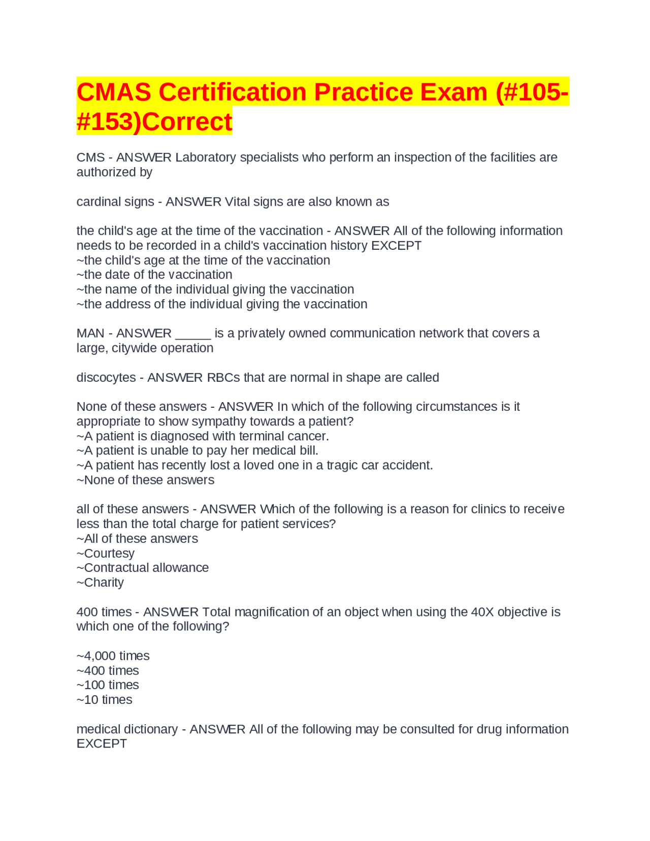 CMAS Certification Practice Exam: Medical Terminology and Procedures ...