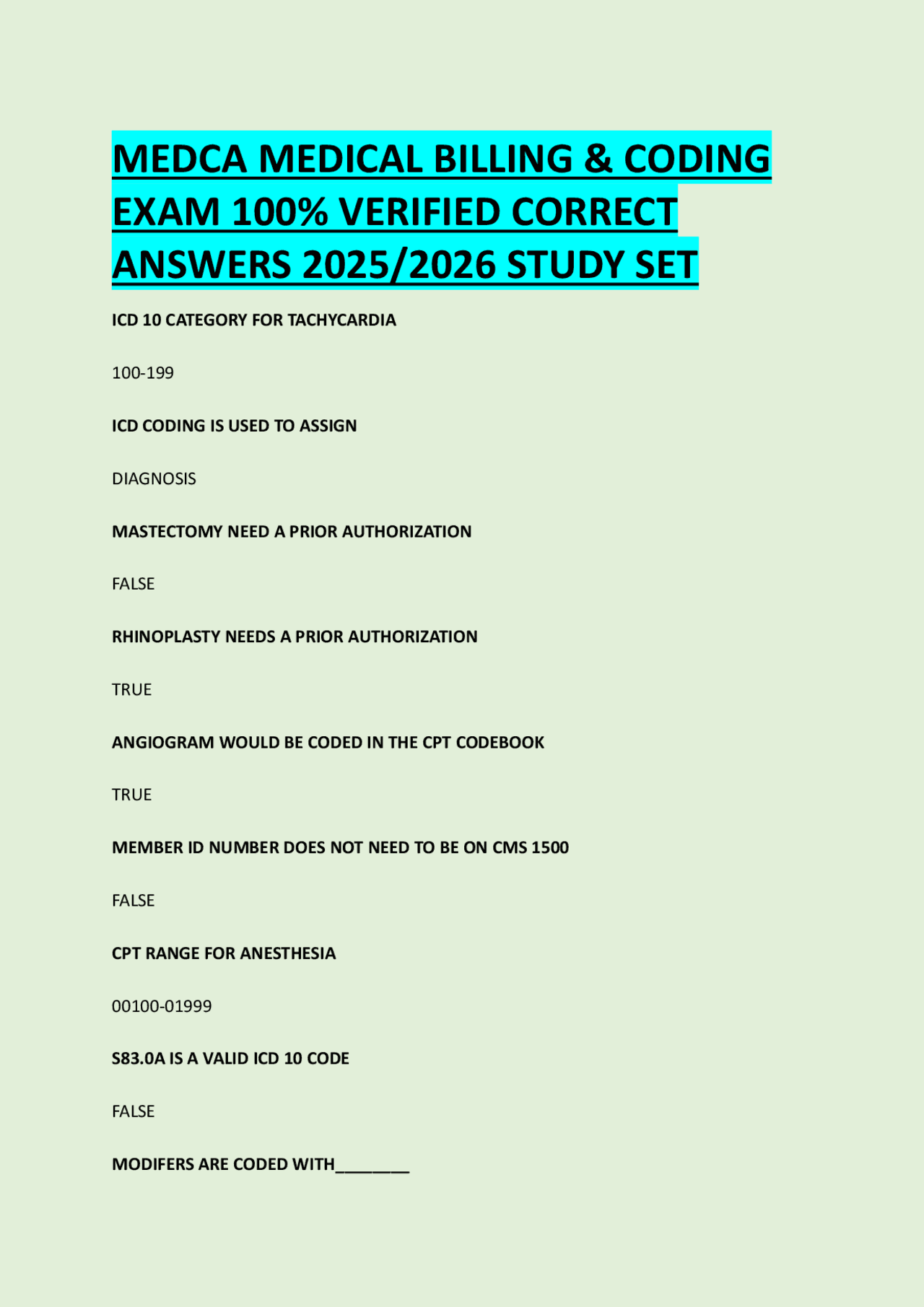 MEDCA MEDICAL BILLING & CODING EXAM 100% VERIFIED CORRECT ANSWERS 2025/ ...