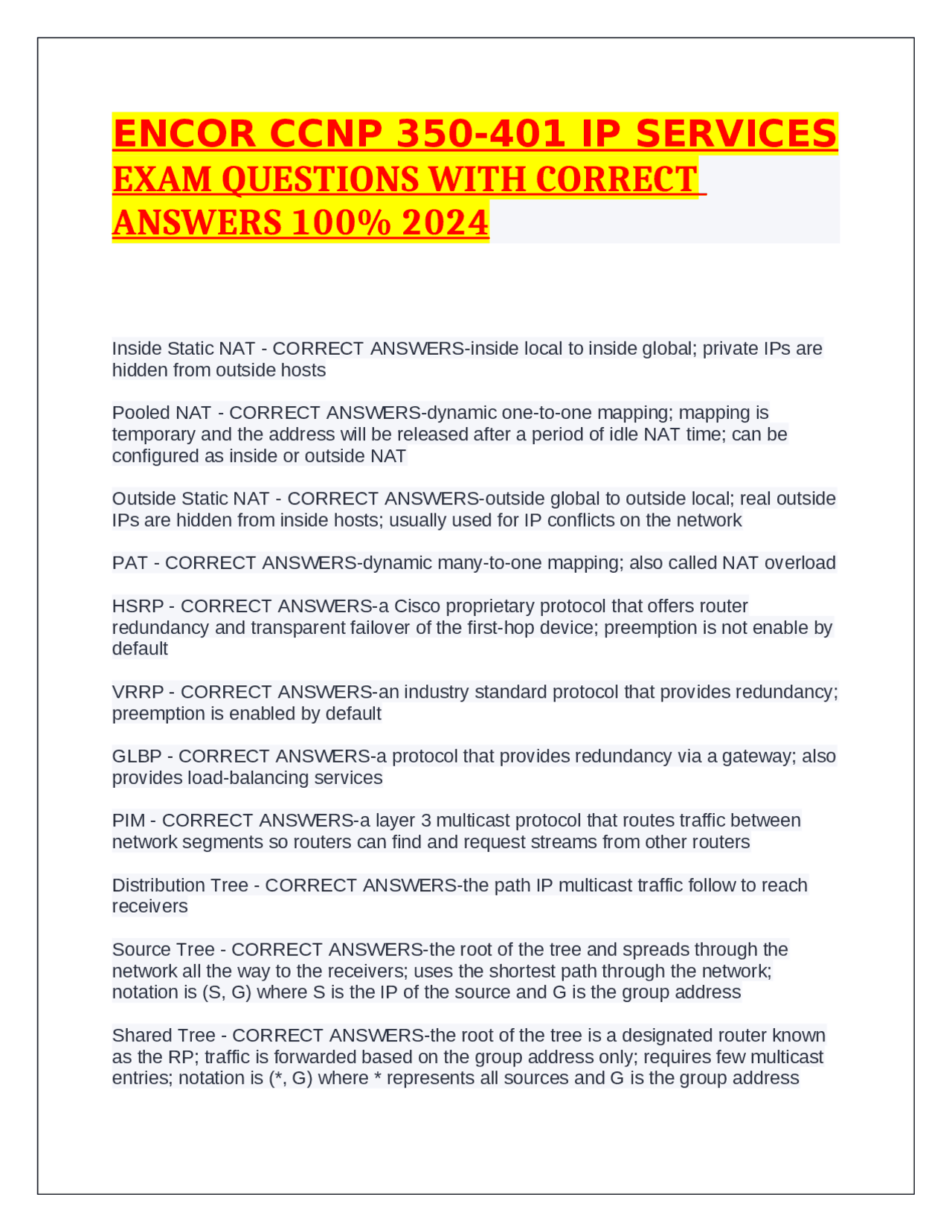ENCOR CCNP 350-401 IP SERVICES EXAM QUESTIONS WITH CORRECT ANSWERS 100% 2024 | Exams Advanced ...
