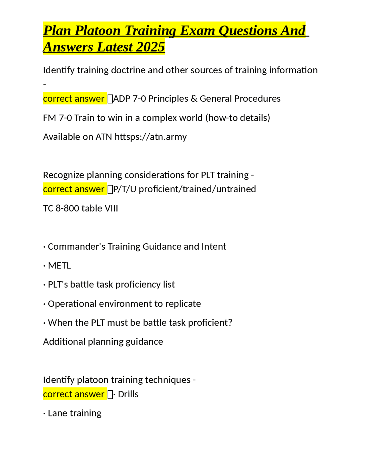 Platoon Training Exam: Army Doctrine & Techniques | Exams ...