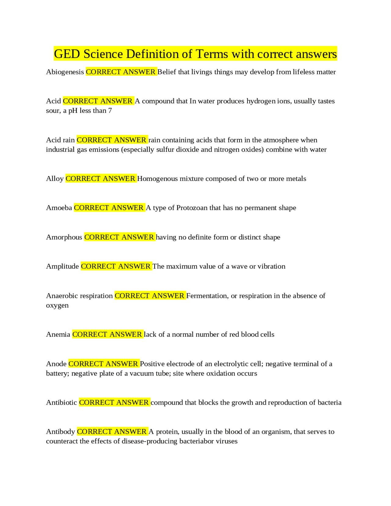 GED Science Definition of Terms with correct answers | Exams Advanced ...