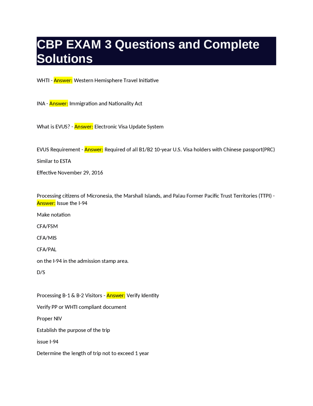 CBP Exam 3: Immigration & Nationality Act (INA) and WHTI Solutions ...