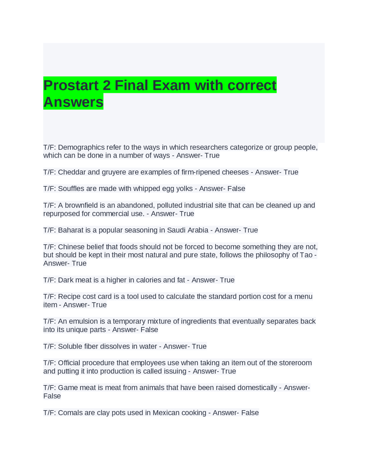Prostart 2 Final Exam with Correct Answers: Food Service and Culinary ...