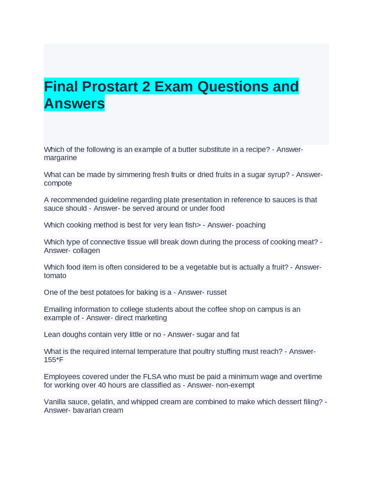 ProStart 2 Exam Questions and Answers: Culinary Arts and Restaurant ...