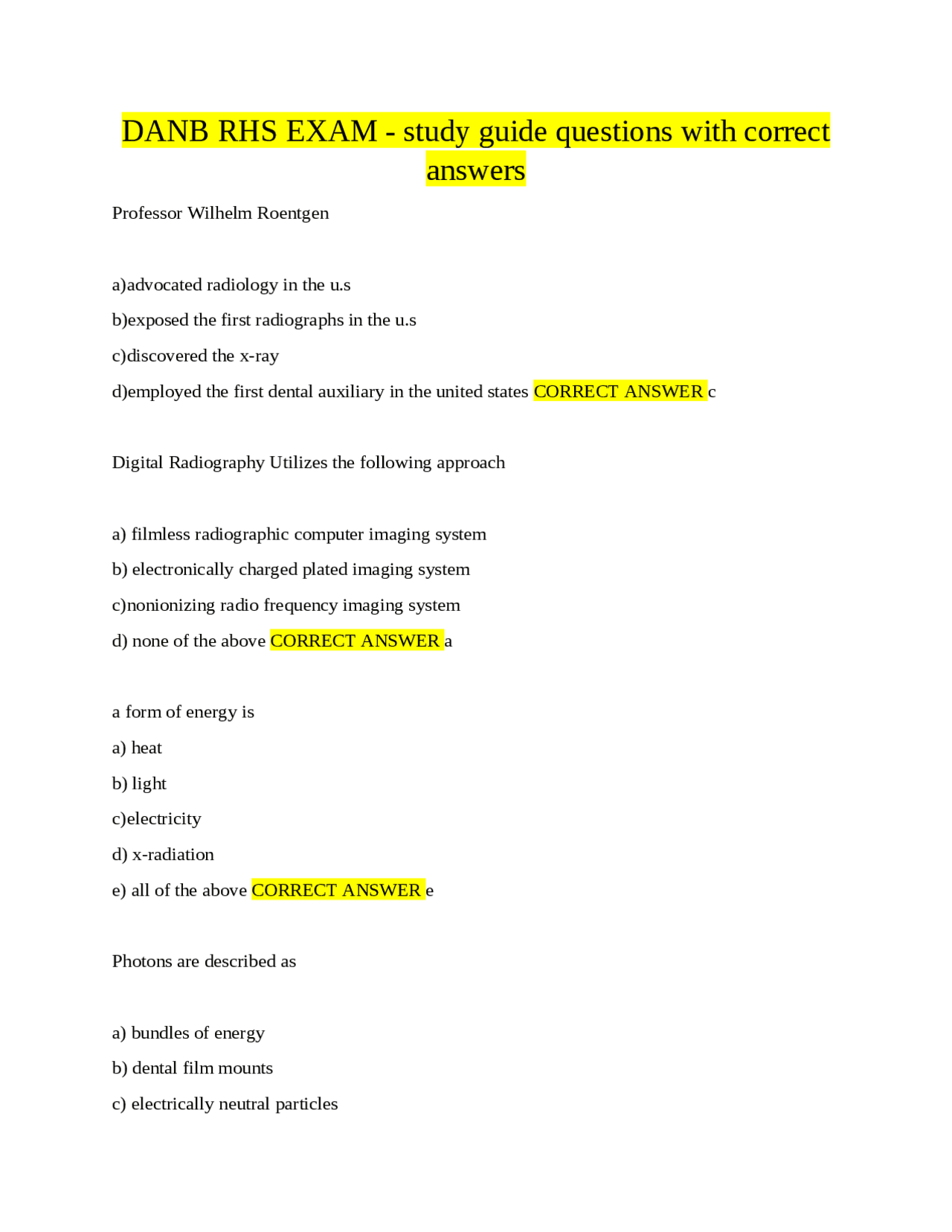 DANB RHS EXAM Study Guide: Questions and Answers on Radiography | Exams ...