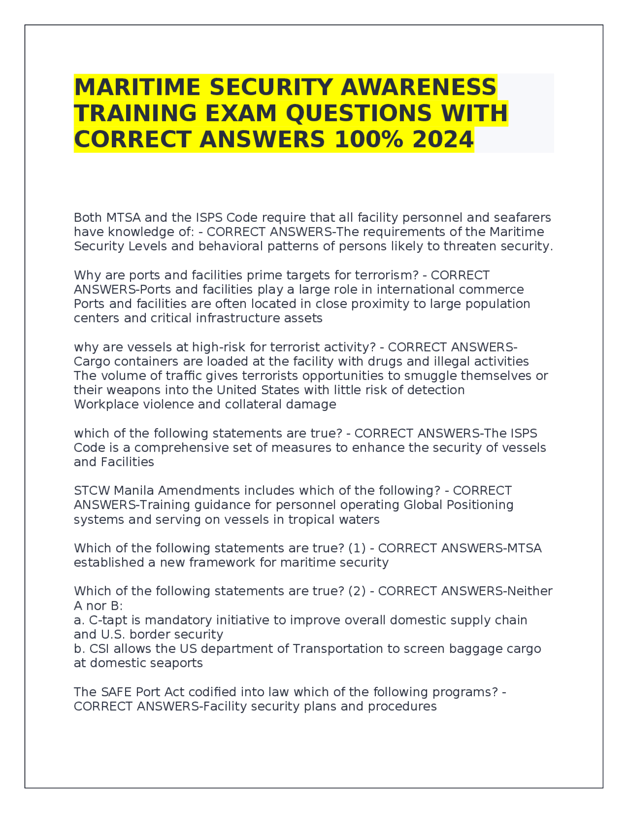 MARITIME SECURITY AWARENESS TRAINING EXAM QUESTIONS WITH CORRECT ...