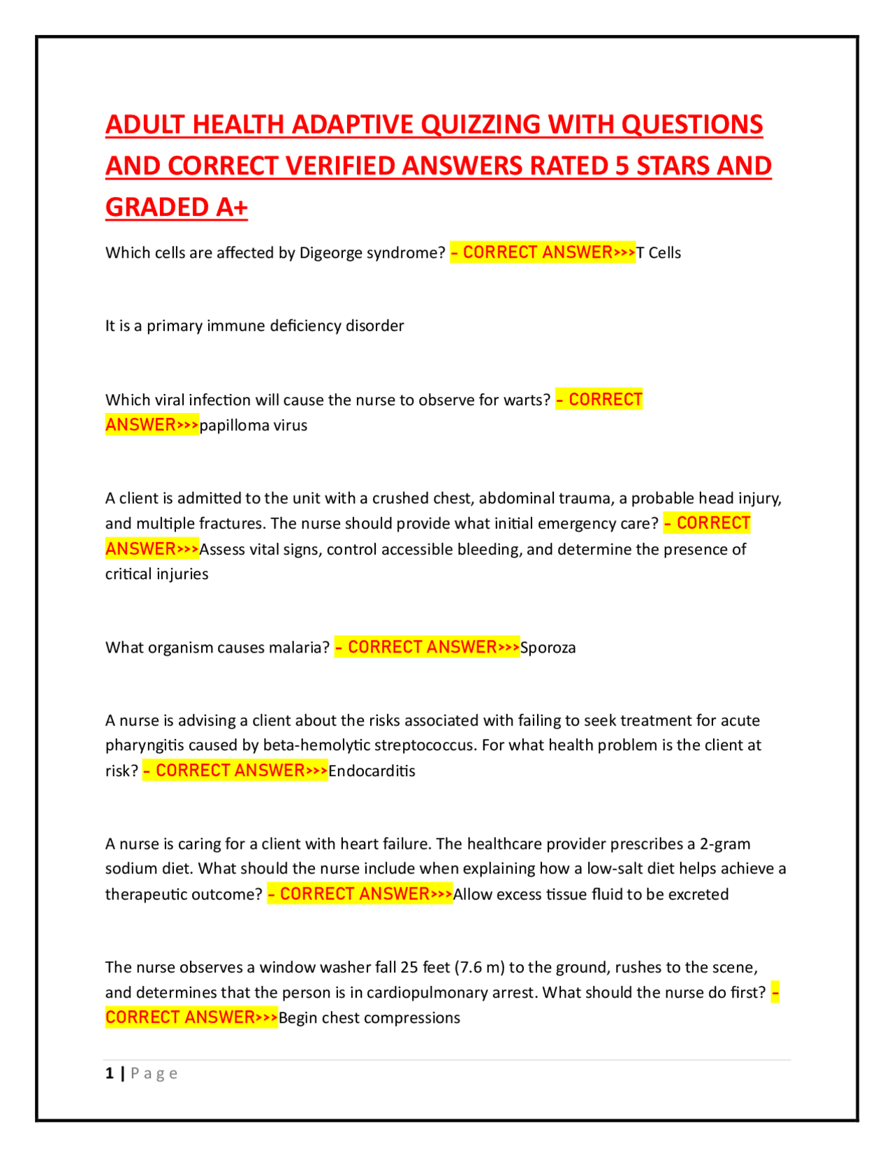 Adult Health Adaptive Quizzing: Questions and Answers for Nursing ...