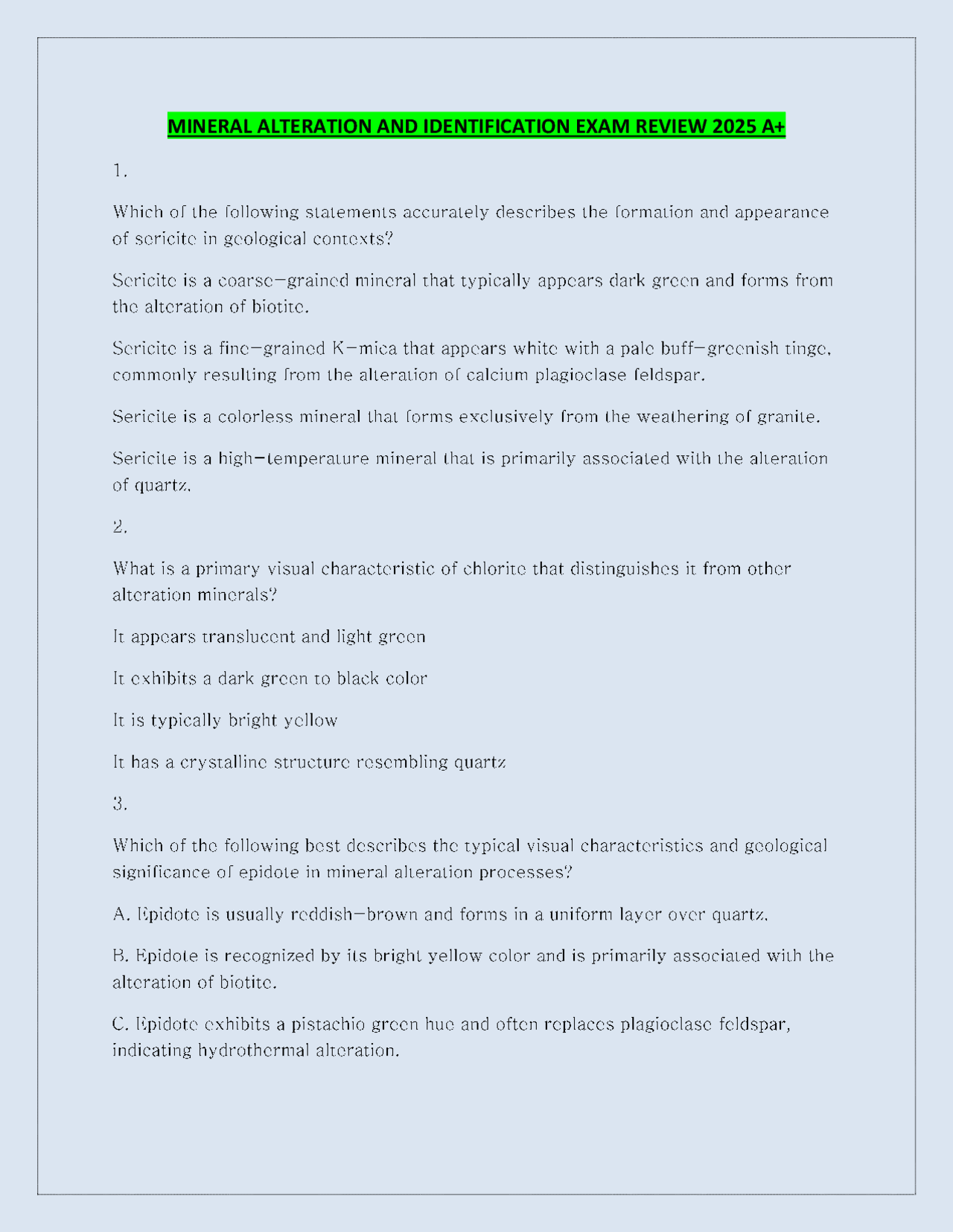 Mineral Alteration and Identification Exam Review: Multiple Choice ...
