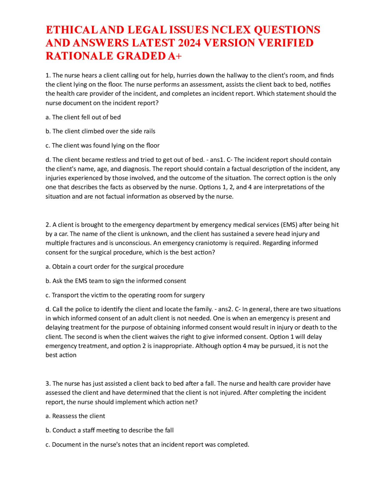 Ethical and Legal Issues in Nursing: NCLEX Practice Questions and ...