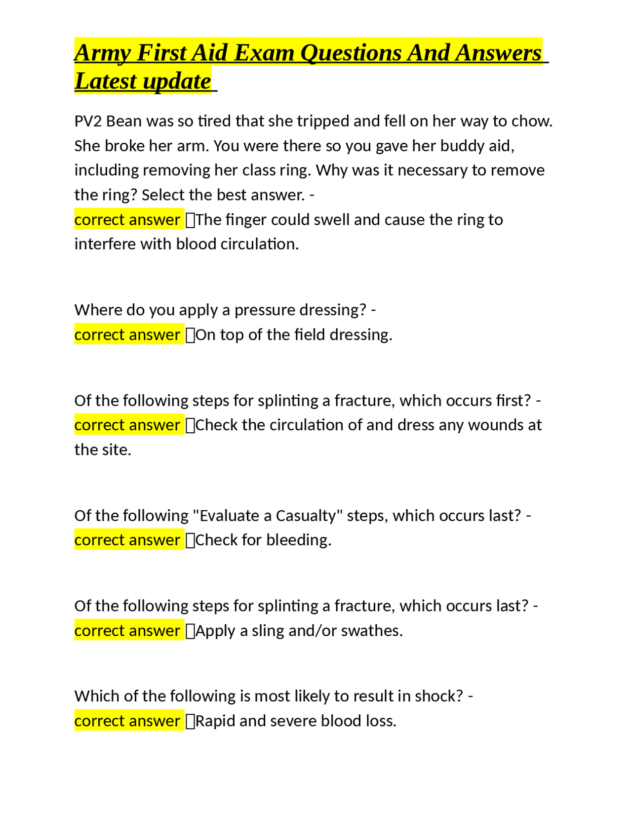 Army First Aid Exam Questions and Answers | Exams Military Strategy and ...