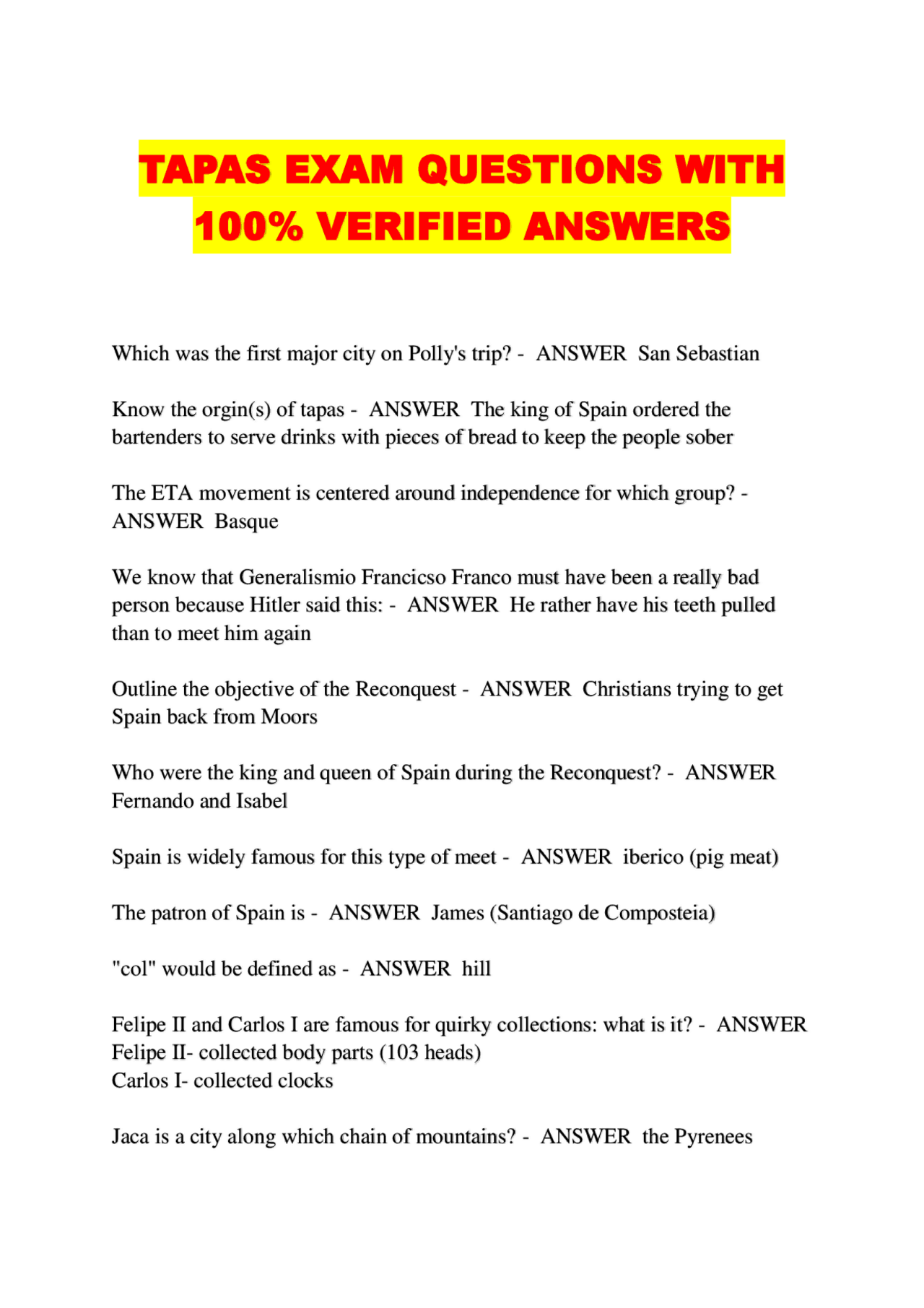 TAPAS EXAM QUESTIONS: Verified Answers & Spanish Culture Guide | Exams ...