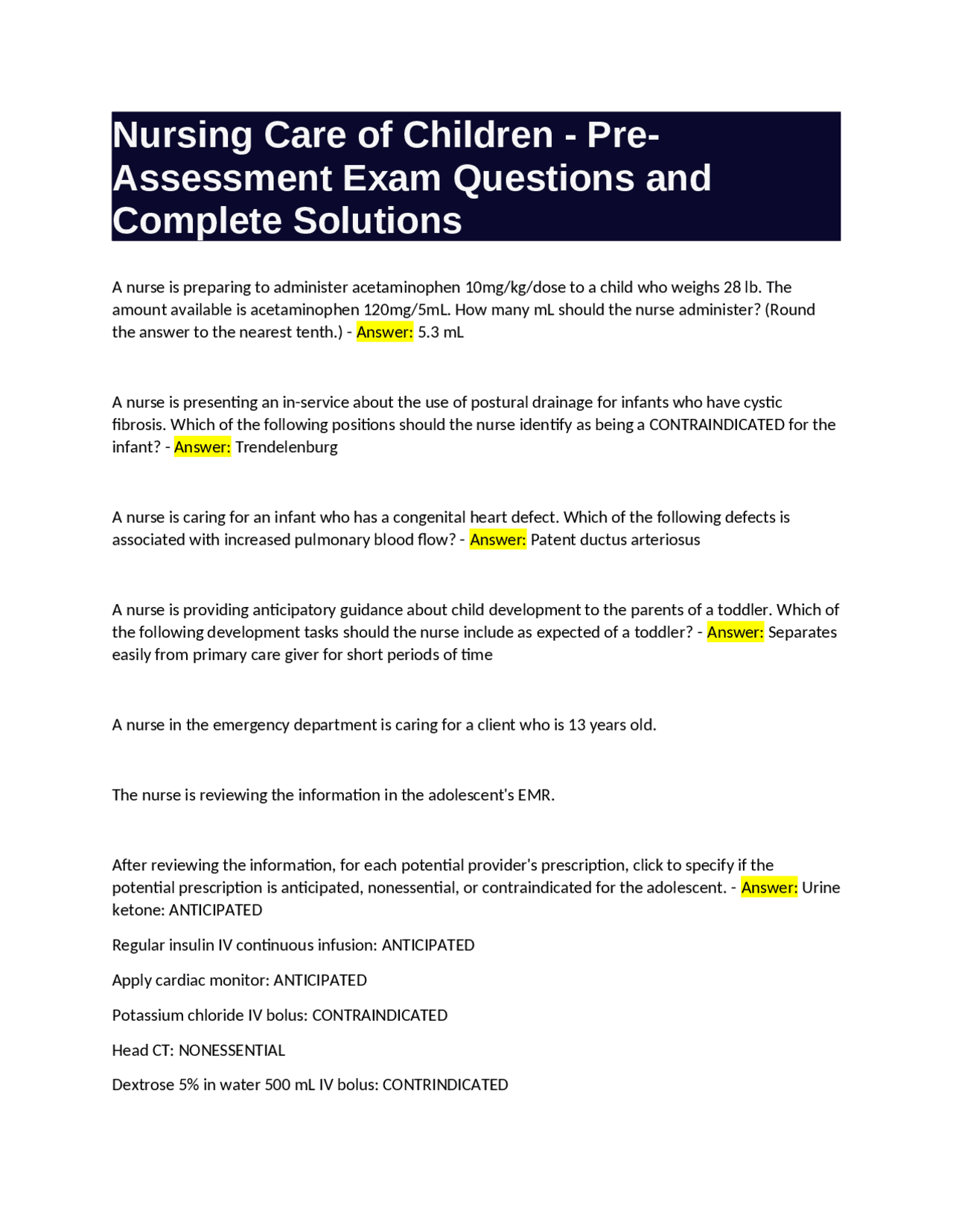 Nursing Care of Children - Pre-Assessment Exam Questions and Complete ...