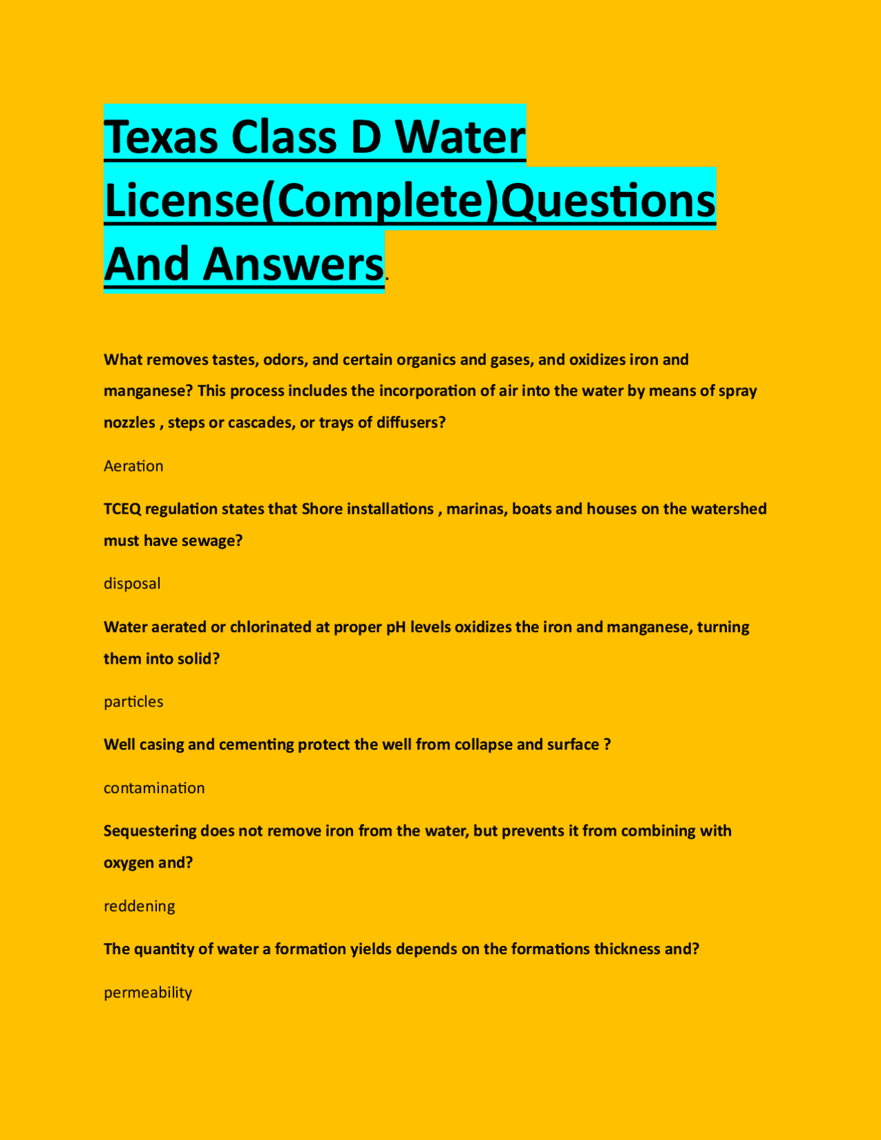 Texas Class D Water License(Complete)Questions And Answers | Exams ...