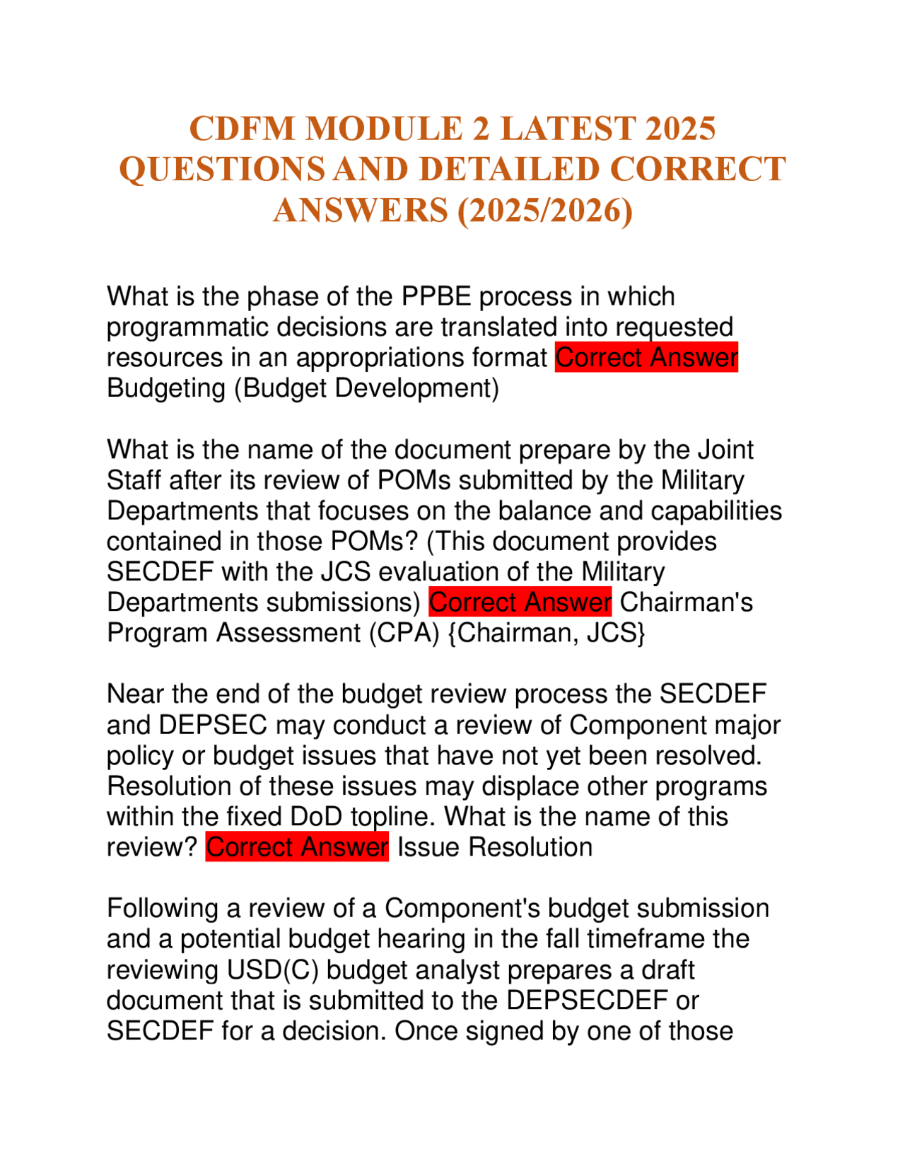 CDFM MODULE 2 LATEST 2025 QUESTIONS AND DETAILED CORRECT ANSWERS (2025/ ...