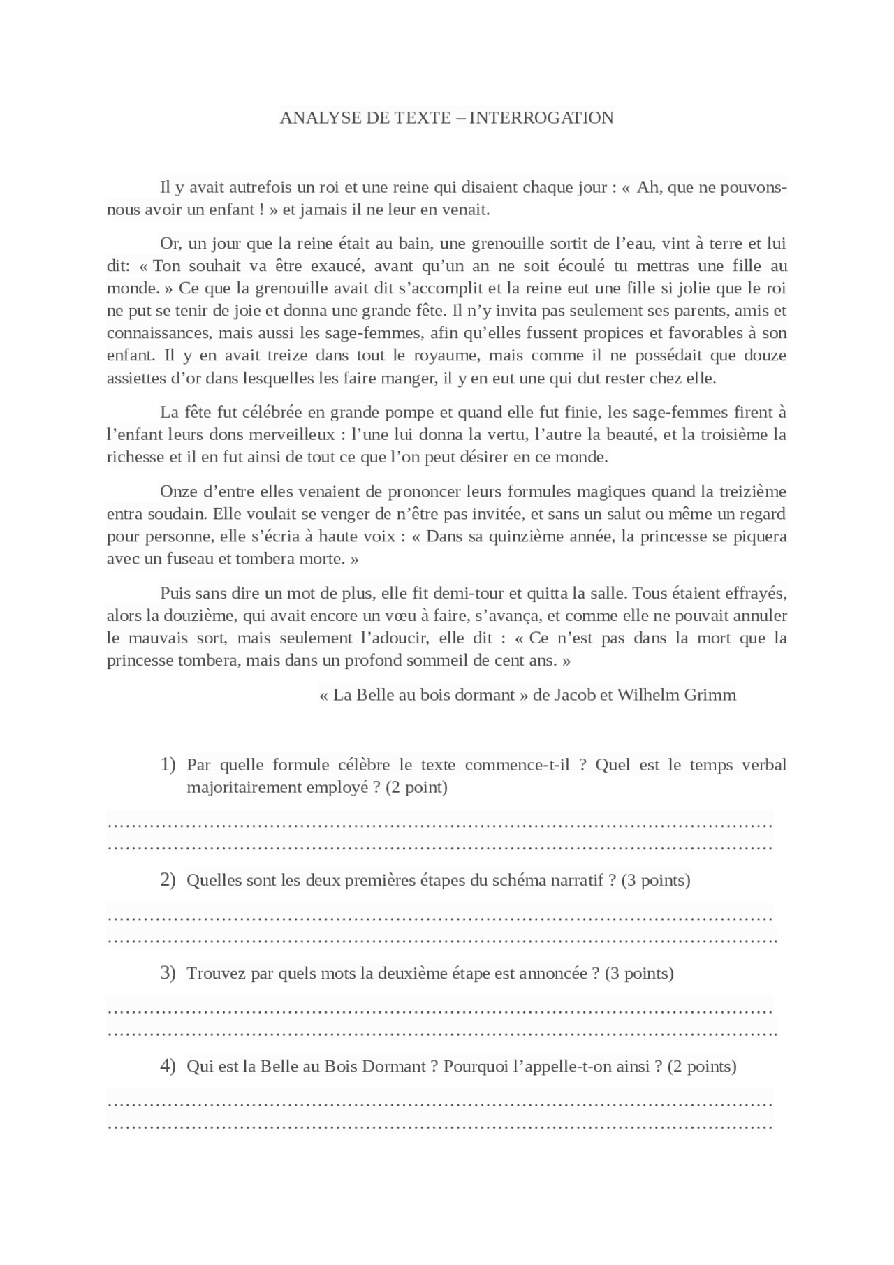 Analyse de texte sur le conte | Exercices Français | Docsity