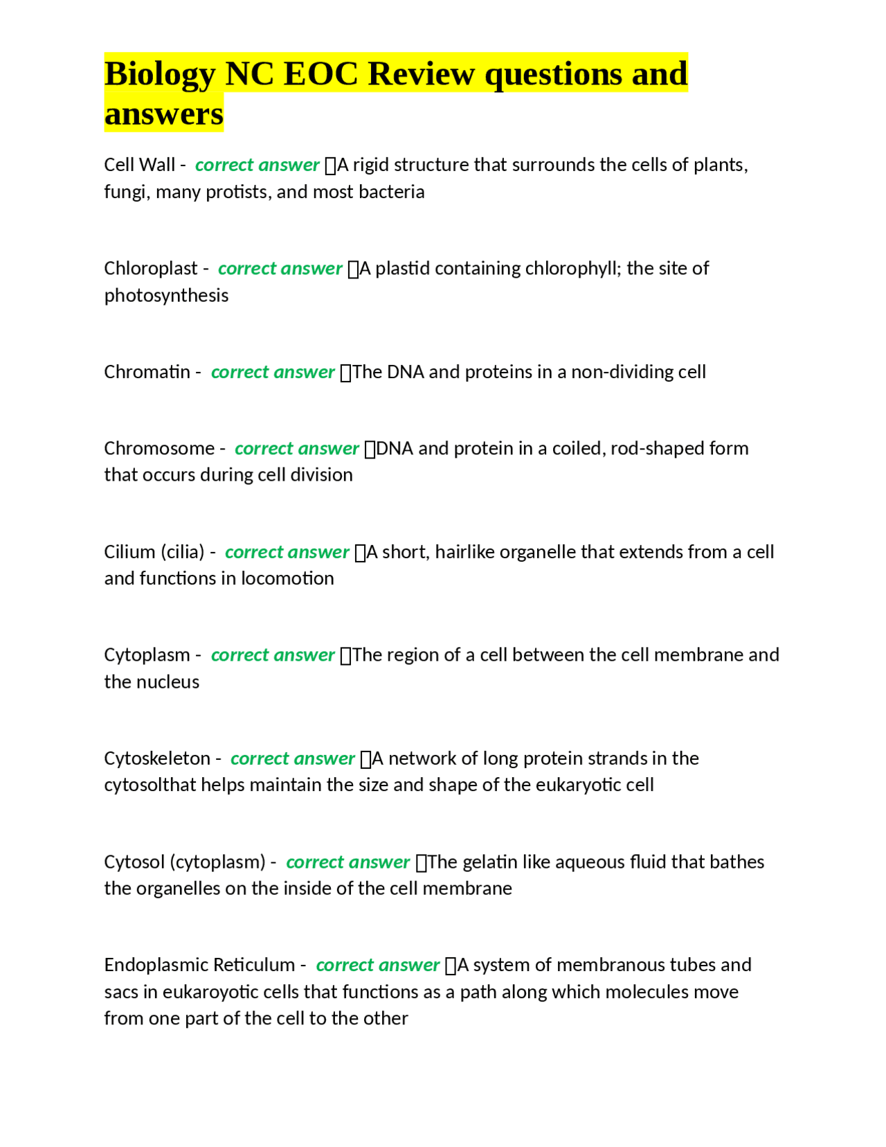 Biology NC EOC Review: Key Terms and Definitions | Exams Biology | Docsity