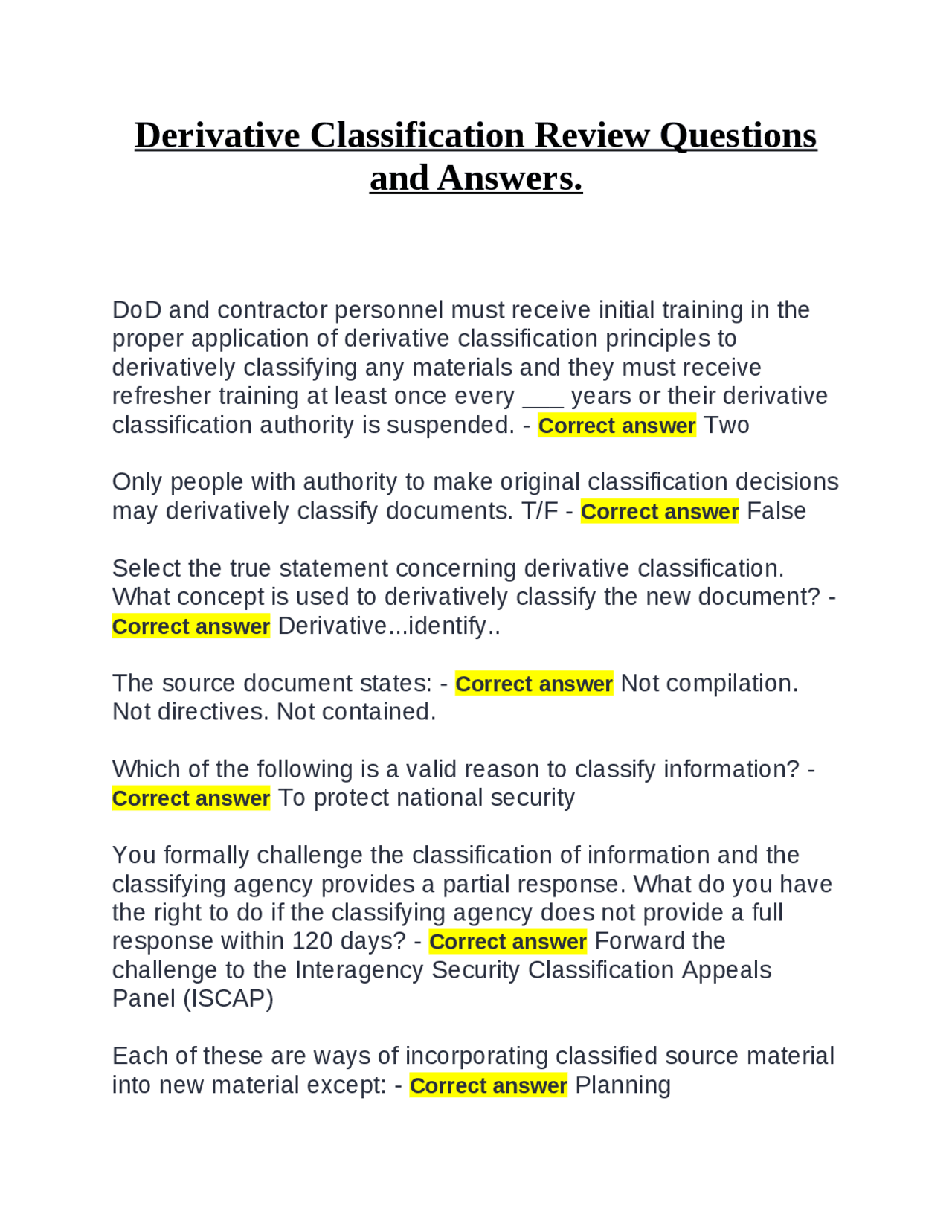 Derivative Classification Review Questions and Answers. | Exams ...