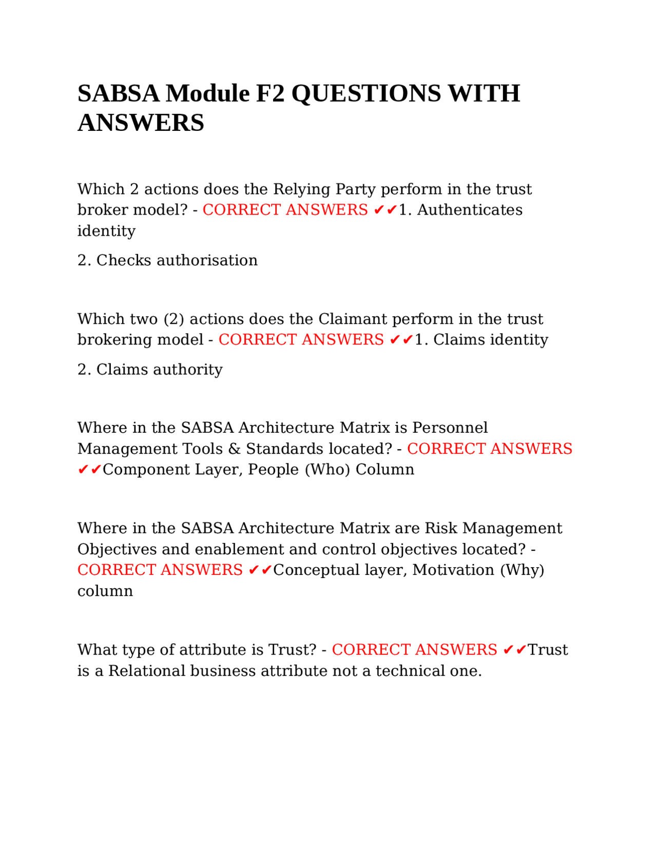 SABSA Module F2 QUESTIONS WITH ANSWERS | Exams Biology | Docsity