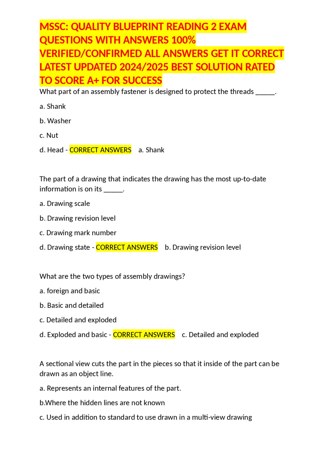 Blueprint Reading 2 Exam Questions and Answers | Exams Nursing | Docsity