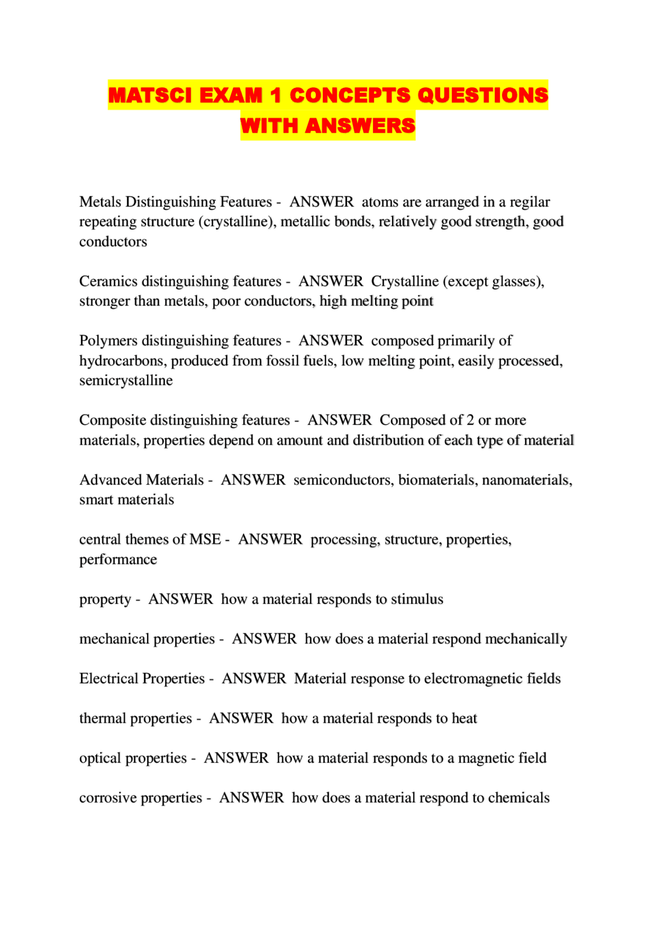 Materials Science Exam 1 Concepts: Questions and Answers | Exams ...