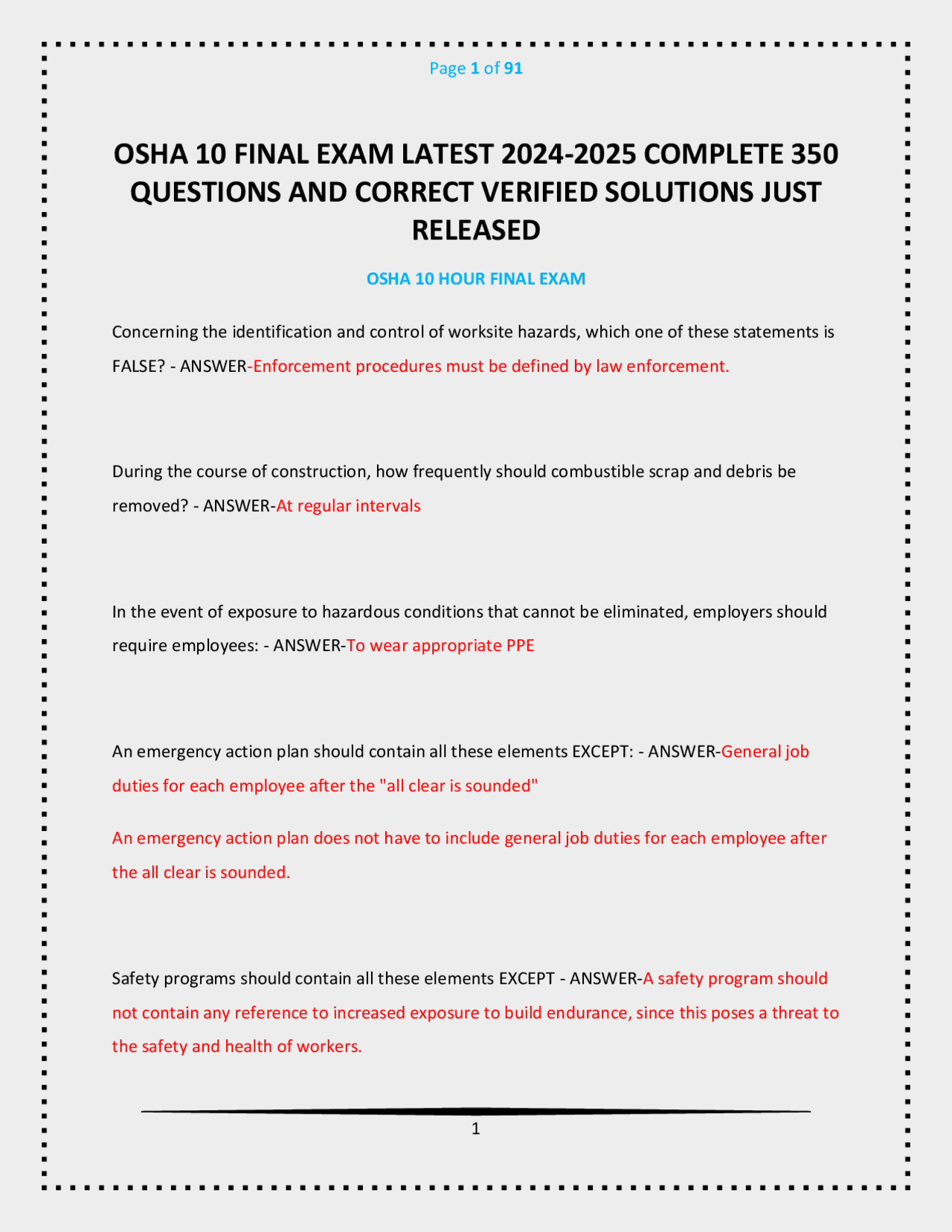 OSHA 10 FINAL EXAM LATEST 2024-2025 COMPLETE 350 QUESTIONS AND CORRECT ...