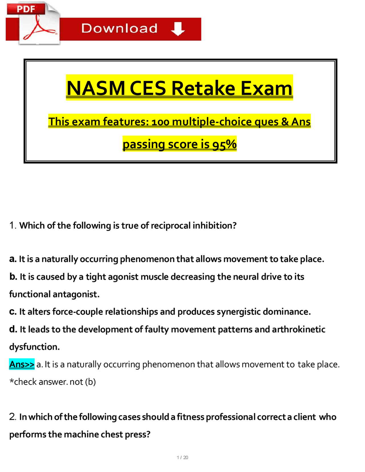 NASM CES Retake Exam: Multiple Choice Questions and Answers | Exams ...