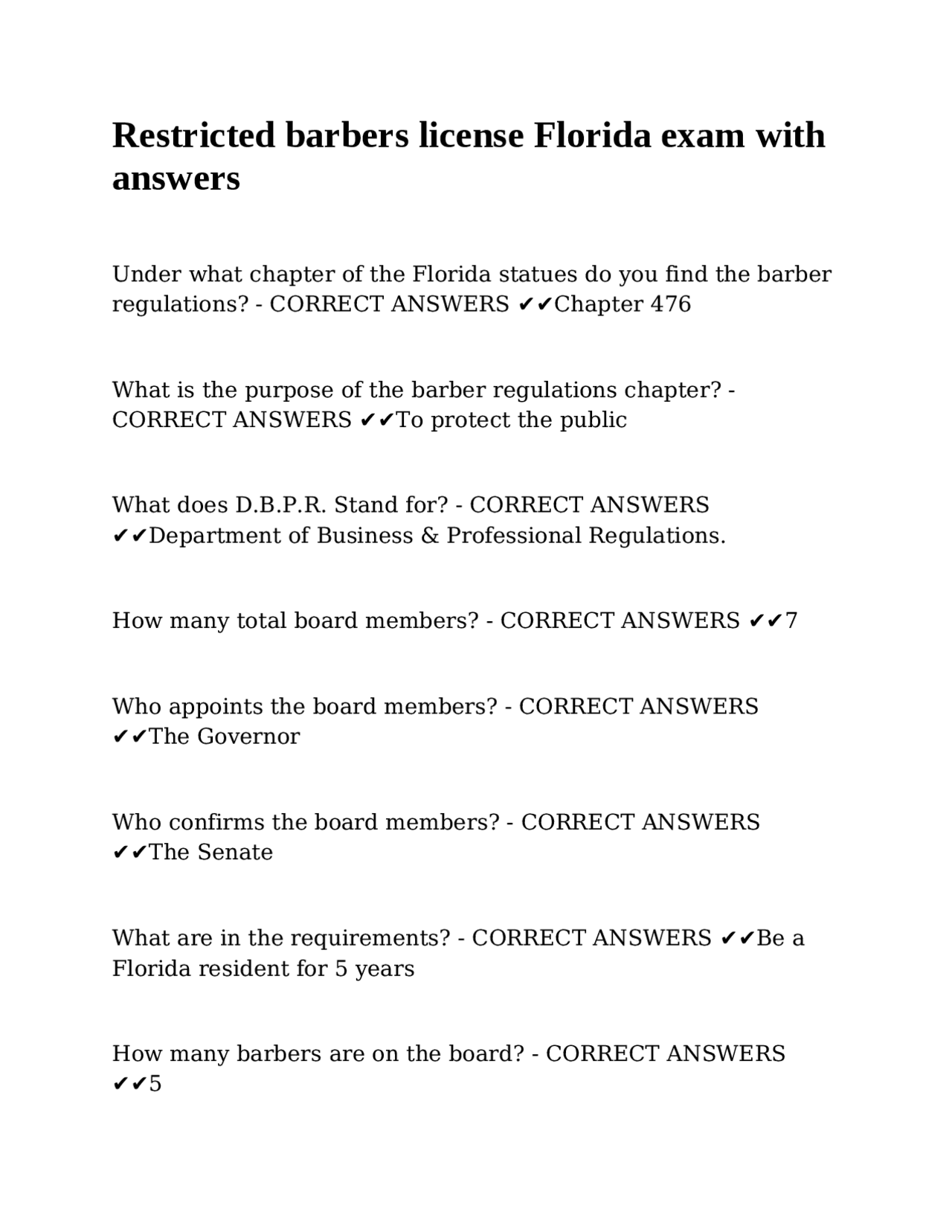 Restricted barbers license Florida exam with answers | Exams Biology ...