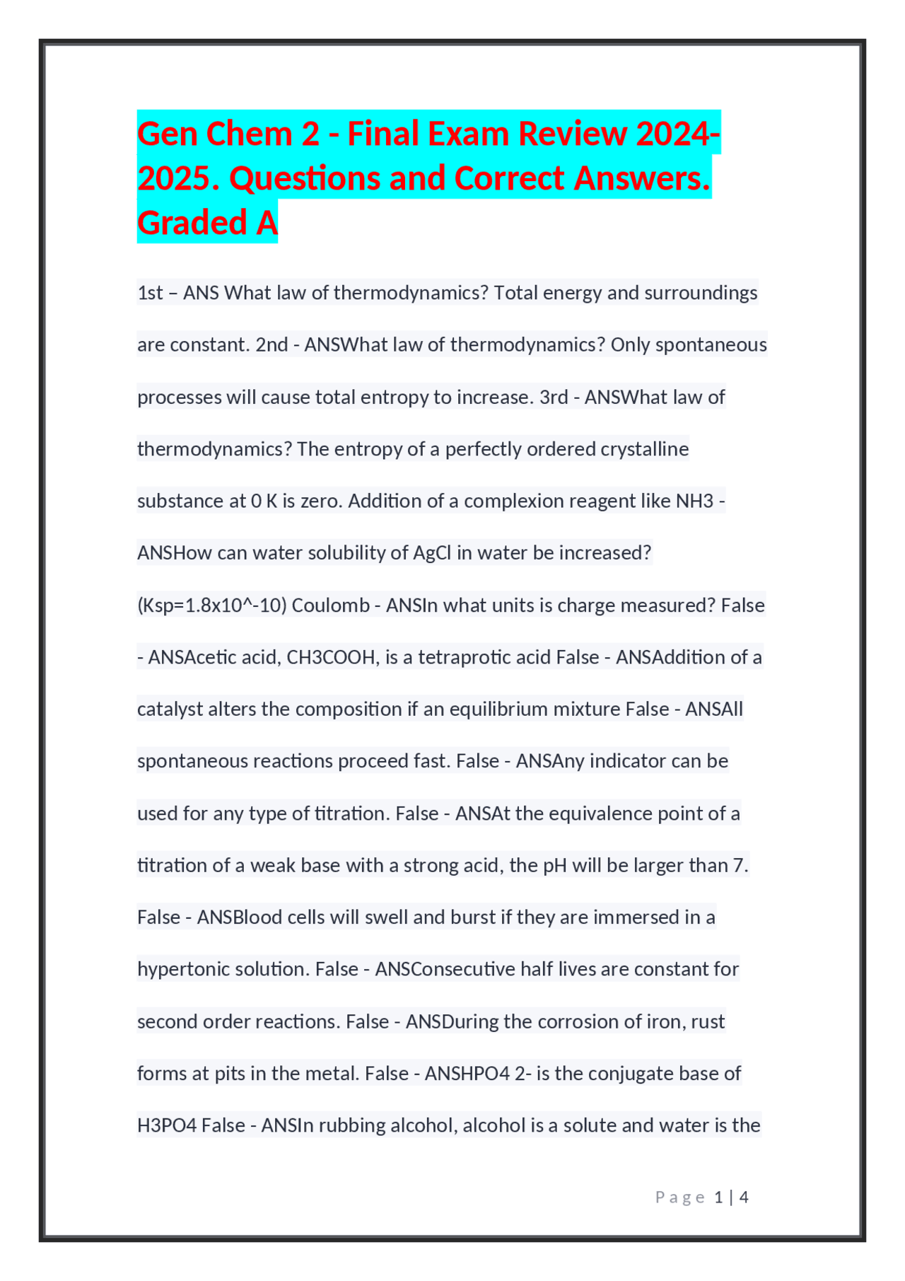 Gen Chem 2 - Final Exam Review 2024-2025. Questions and Correct Answers ...
