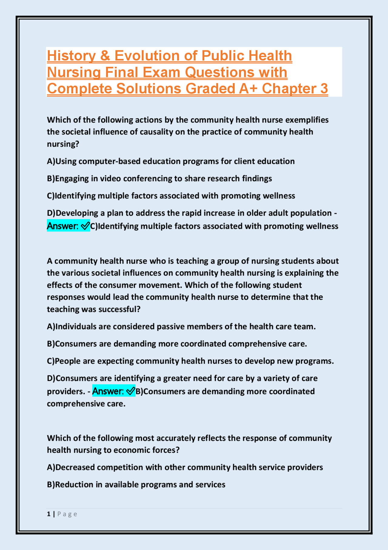 History & Evolution of Public Health Nursing Final Exam Questions with ...