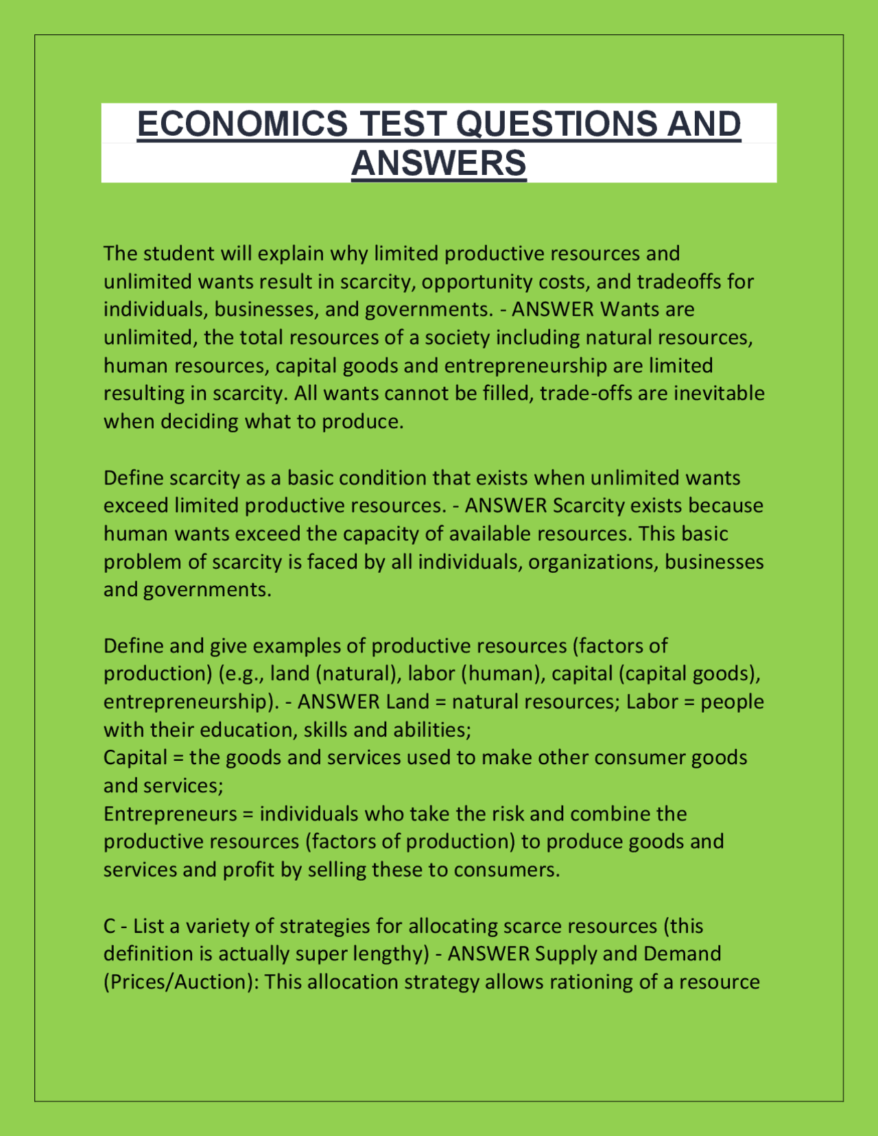 Economics Test Questions and Answers: Scarcity, Opportunity Cost, and ...