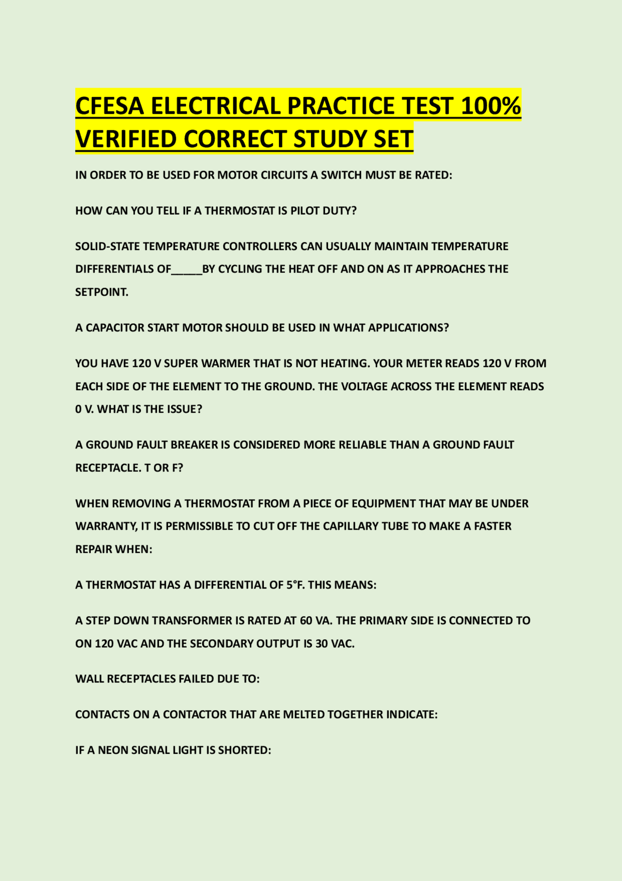 CFESA ELECTRICAL PRACTICE TEST 100% VERIFIED CORRECT STUDY SET | Exams ...