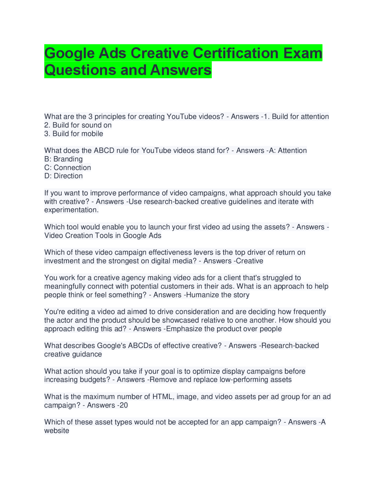 Google Ads Creative Certification Exam: Questions and Answers | Exams Advanced Education | Docsity