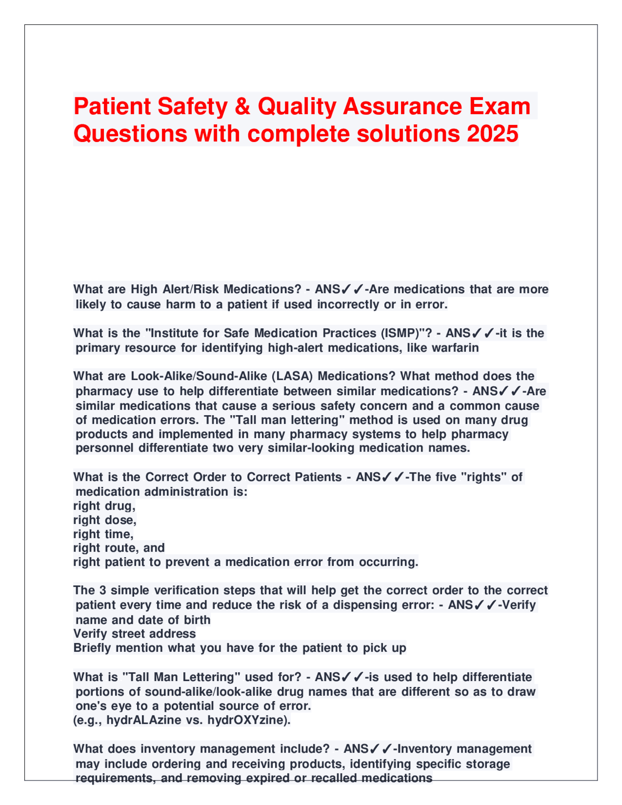 Patient Safety & Quality Assurance Exam: Questions and Answers | Exams ...
