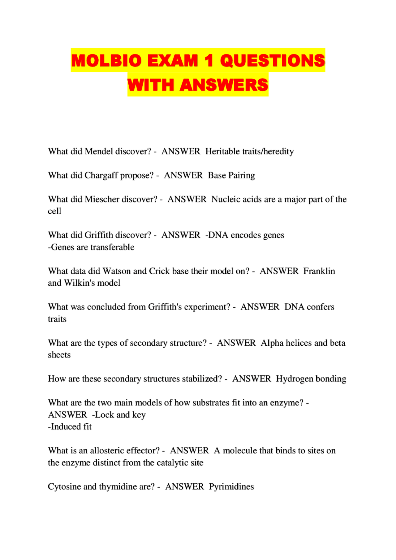 Molecular Biology Exam 1 Questions and Answers | Exams Biology | Docsity