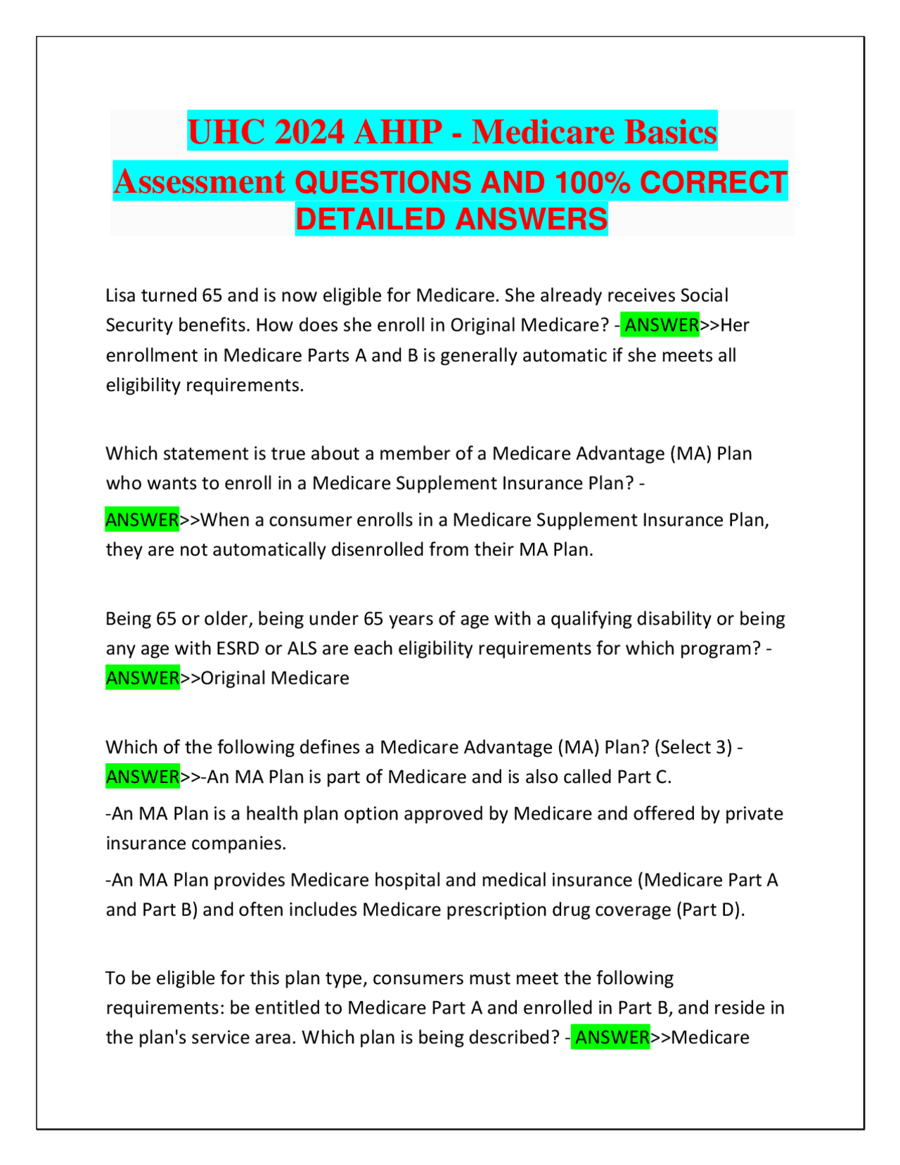 Medicare Basics Assessment: Questions and Answers for UHC 2024 AHIP ...