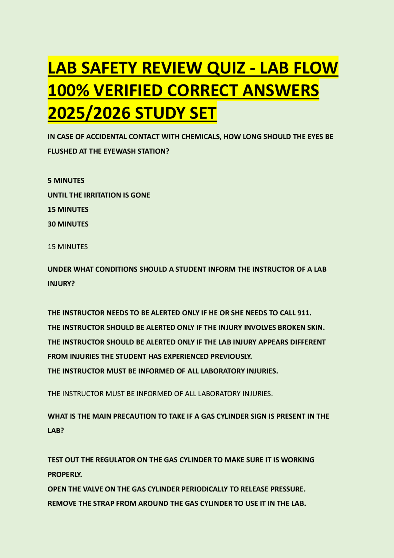 LAB SAFETY REVIEW QUIZ - LAB FLOW 100% VERIFIED CORRECT ANSWERS 2025/ ...
