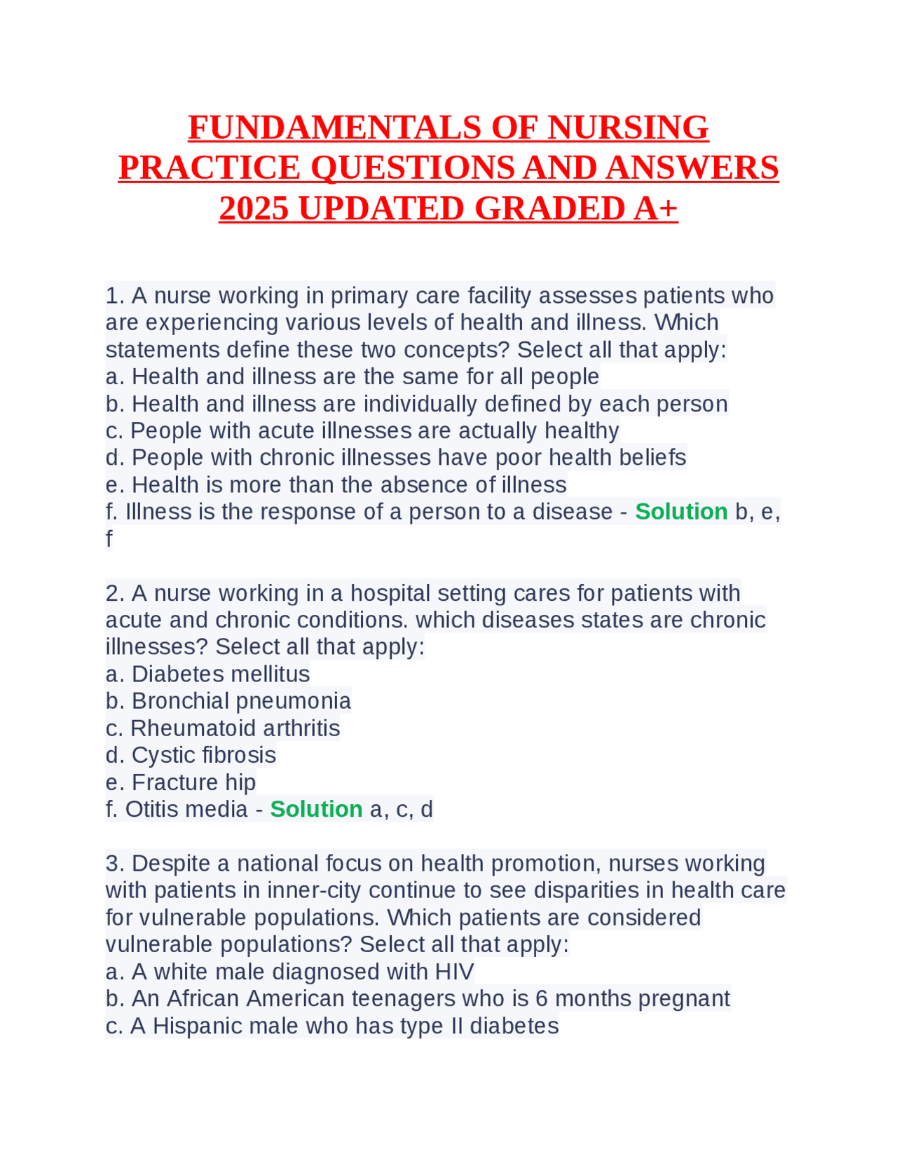 FUNDAMENTALS OF NURSING PRACTICE QUESTIONS AND ANSWERS 2025 UPDATED ...
